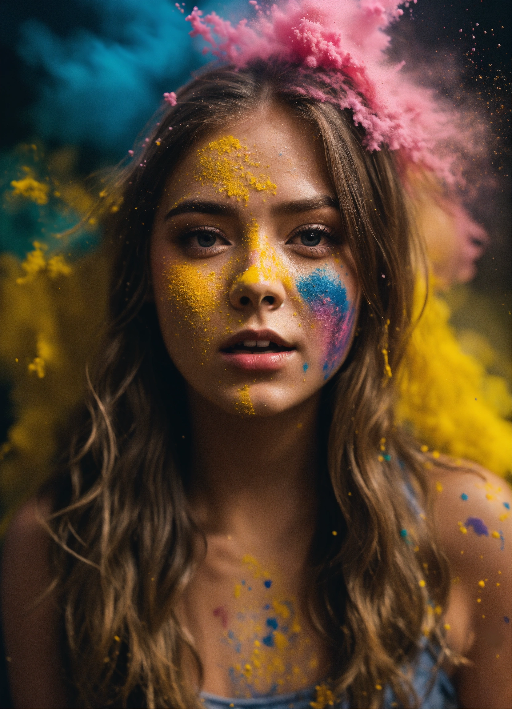 Lexica - Realistic photo of a girl's face, her hair is in the air, she ...