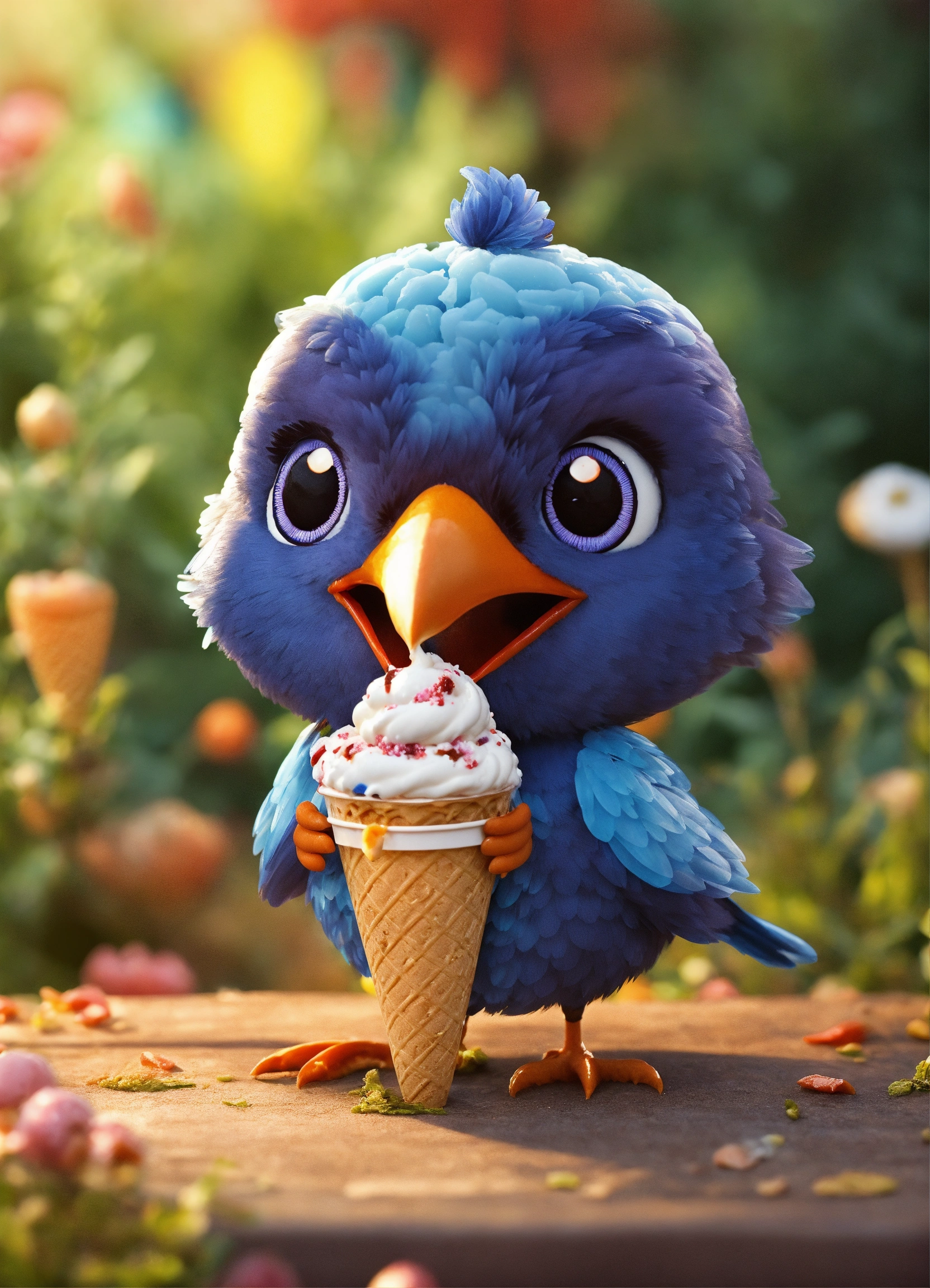 Lexica - A cute 3D crow-like character eating ice-cream, charming ...
