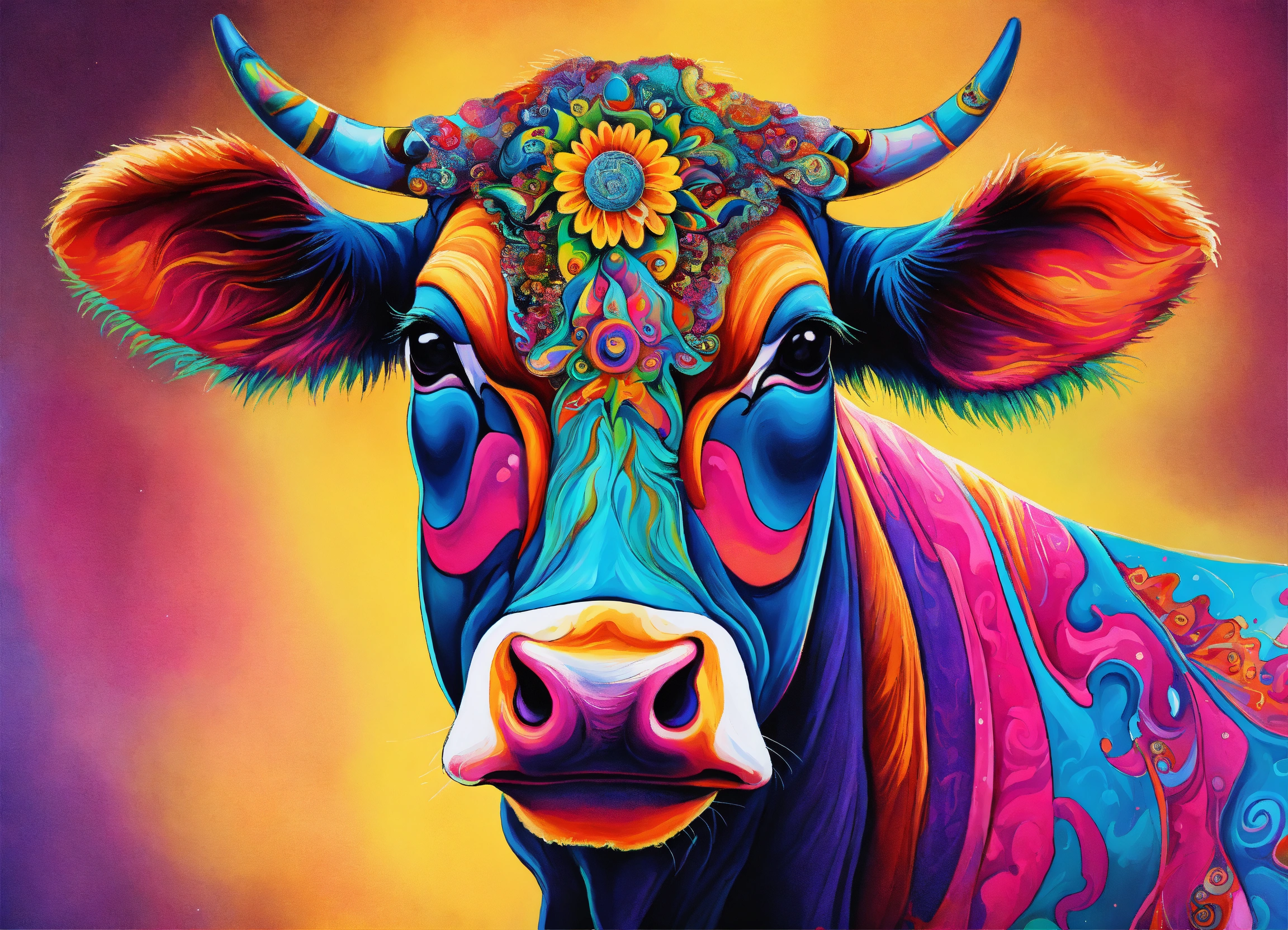 Lexica - Vibrant neo-traditional, a painting of a psychedelic cow with ...
