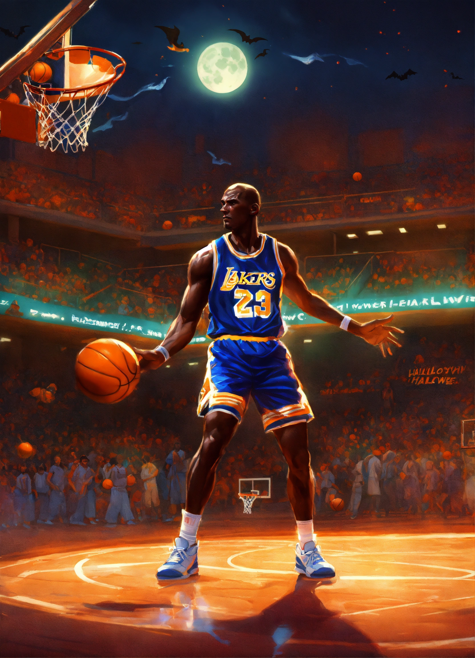 Lexica - Michael Jordan steps onto the eerie, moonlit basketball court ...