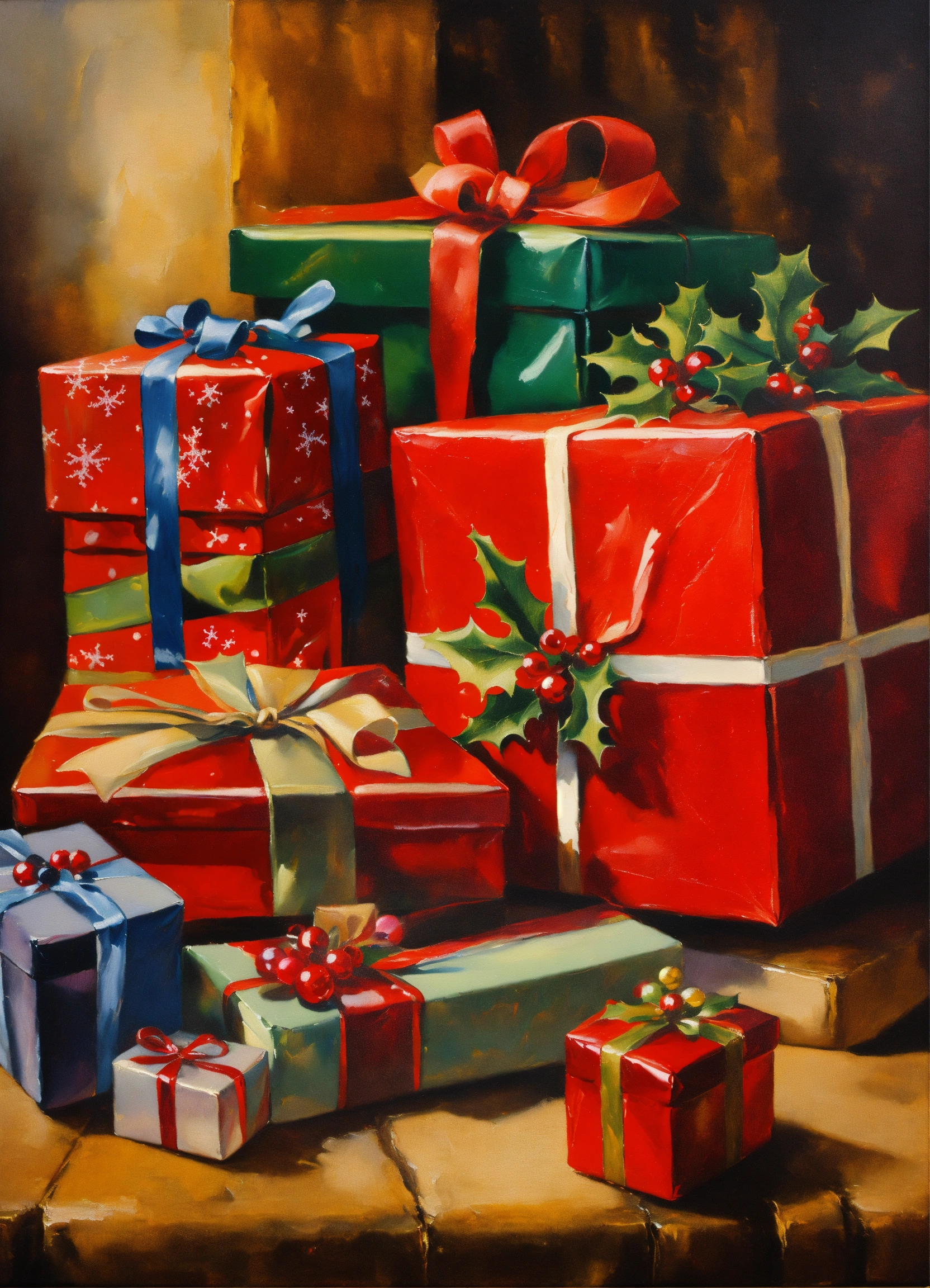 Lexica - Various retro christmas presents on a vintage table,oil painting