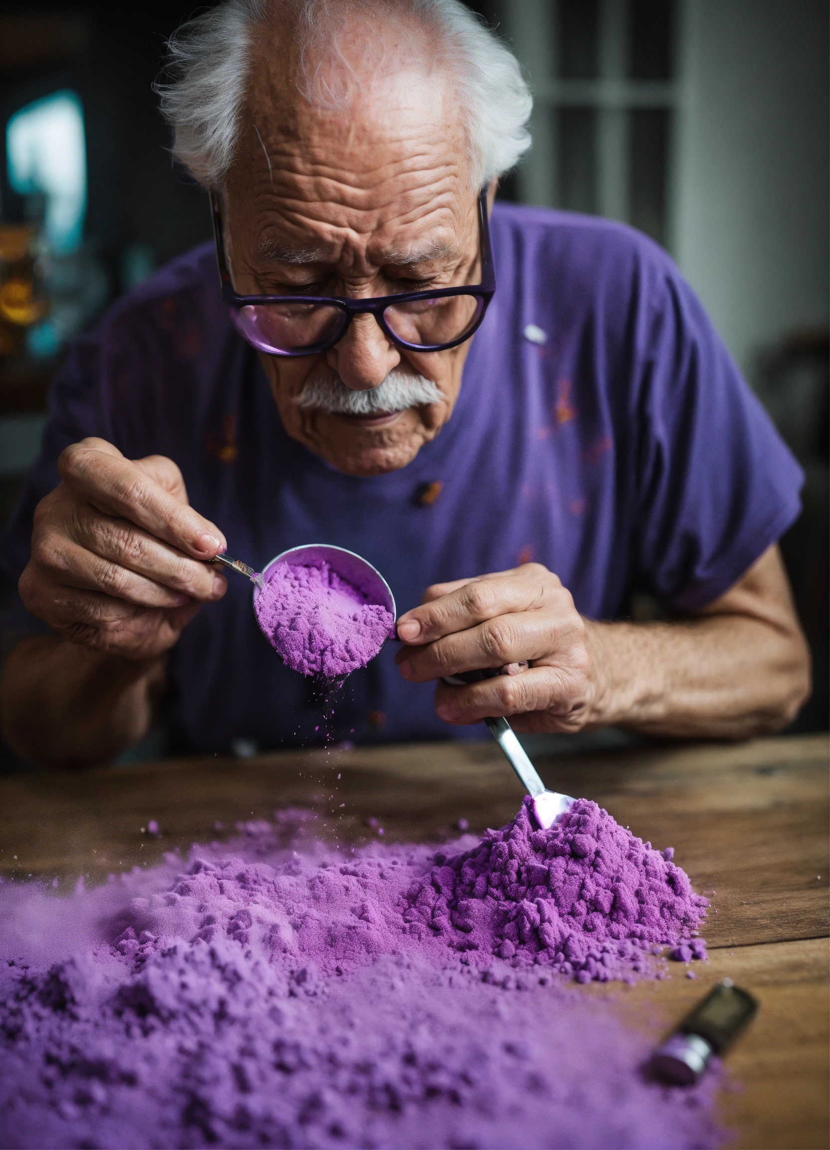 Lexica - A crazy grandpa snorting purple powder on a table