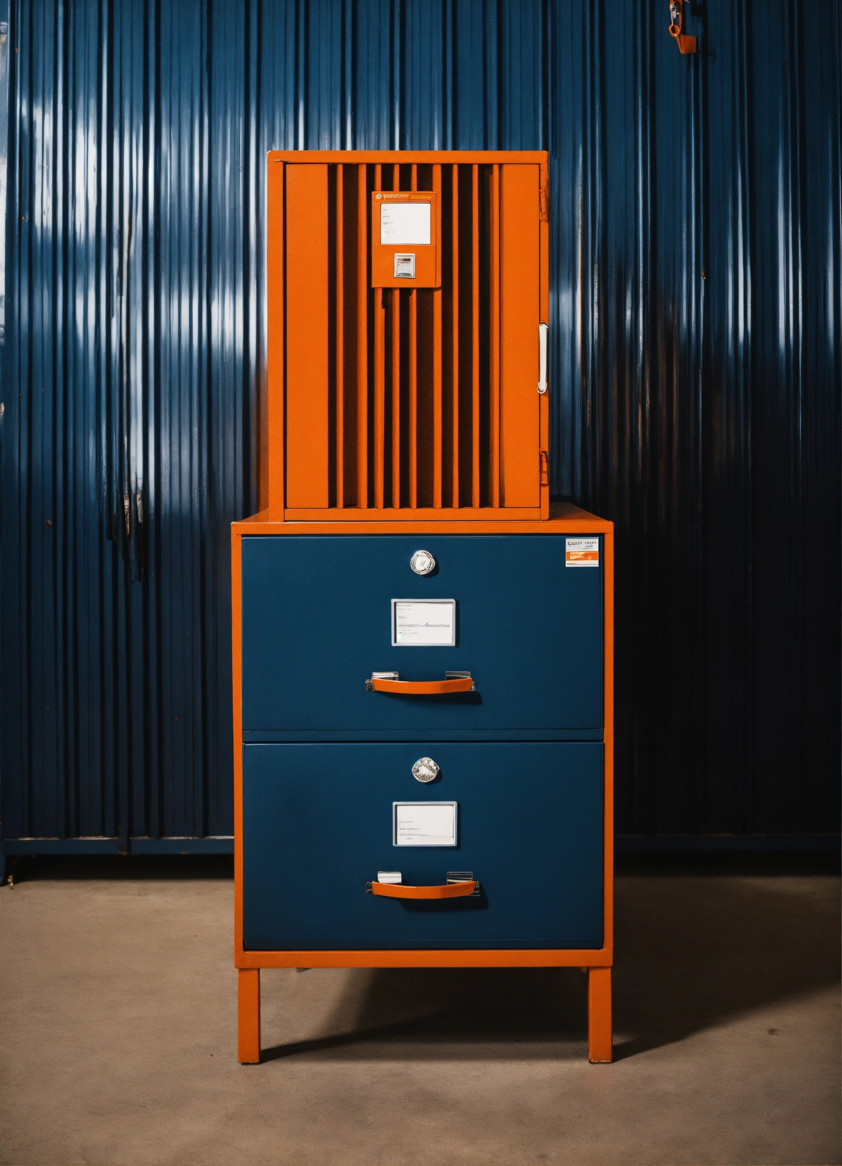 Lexica - Private records filing cabinet dark blue and burnt orange colour