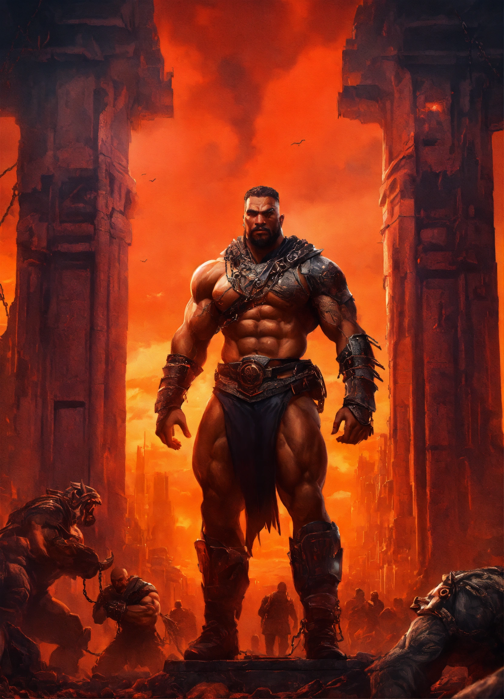 Lexica - Huge strong monstrous prison guard, front facing in an ancient ...