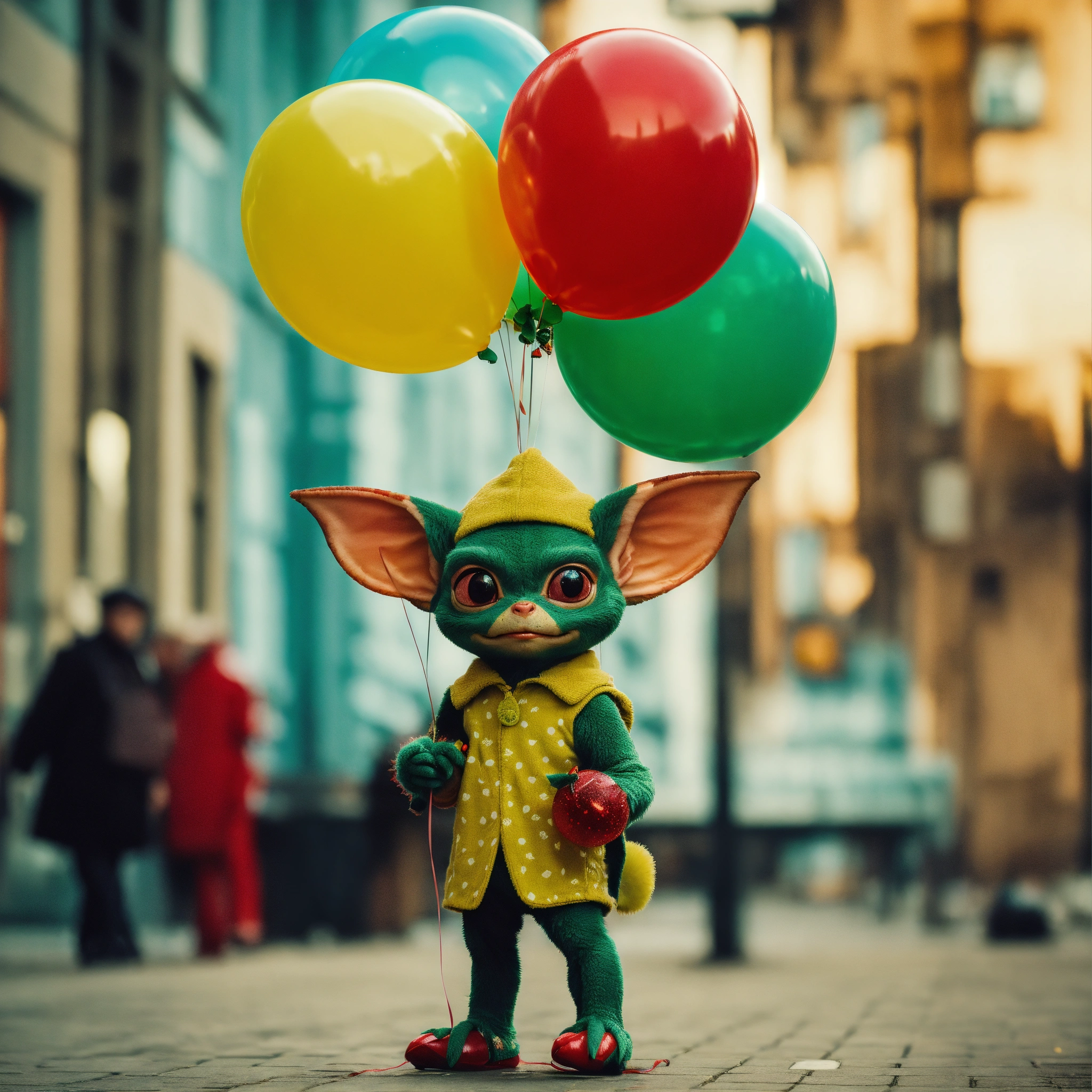 Lexica - Leica portrait of a gremlin holding balloons, coded patterns ...