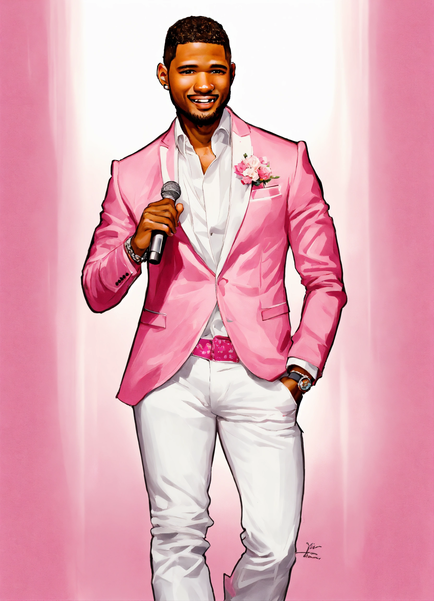 Lexica - FULL BODY IMAGE OF USHER CARICATURE DRESSED IN WHITE & PINK ...
