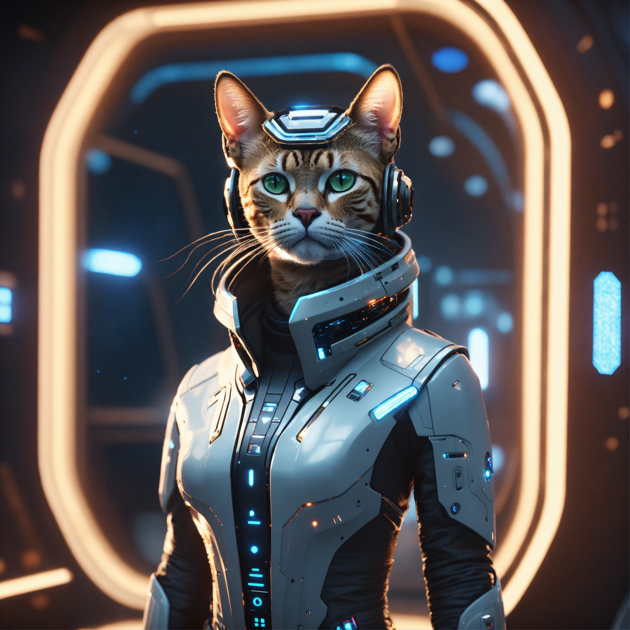 Lexica - Zoom out from a sophisticated cat faced humanoid wearing space ...