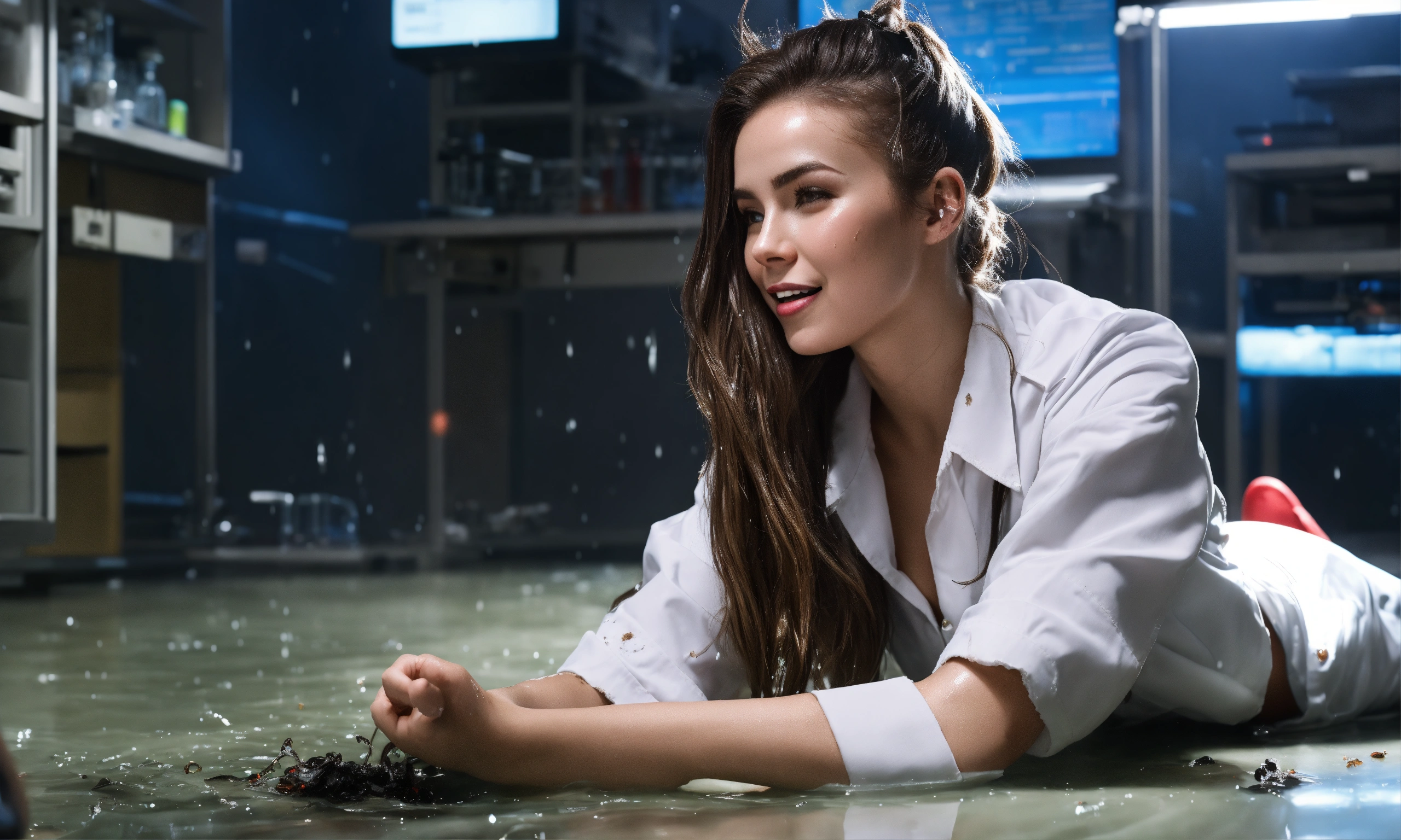 Lexica - White science laboratory, full body, lying down, gag, shiny ...