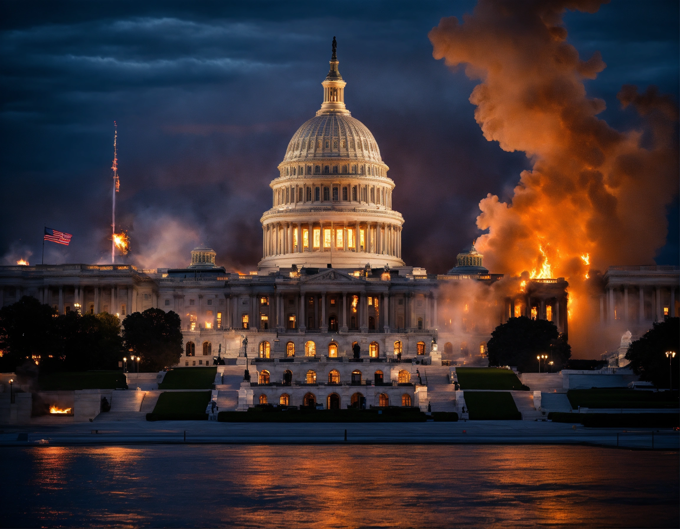 Lexica - U.S. capitol building on fire, flames everywhere, dramatic ...