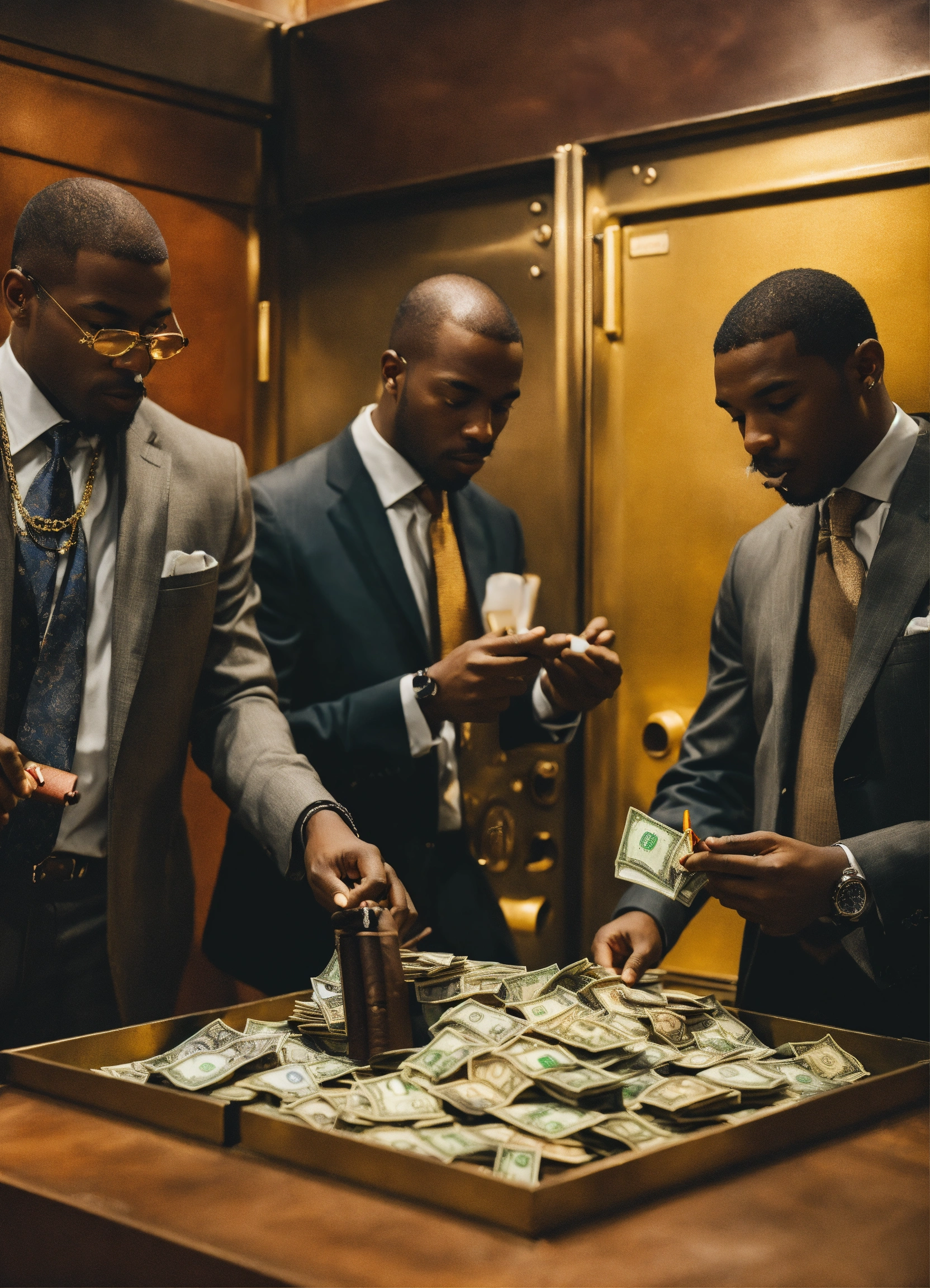 Lexica - Black Men counting money and smoking cigar inside a bank vault