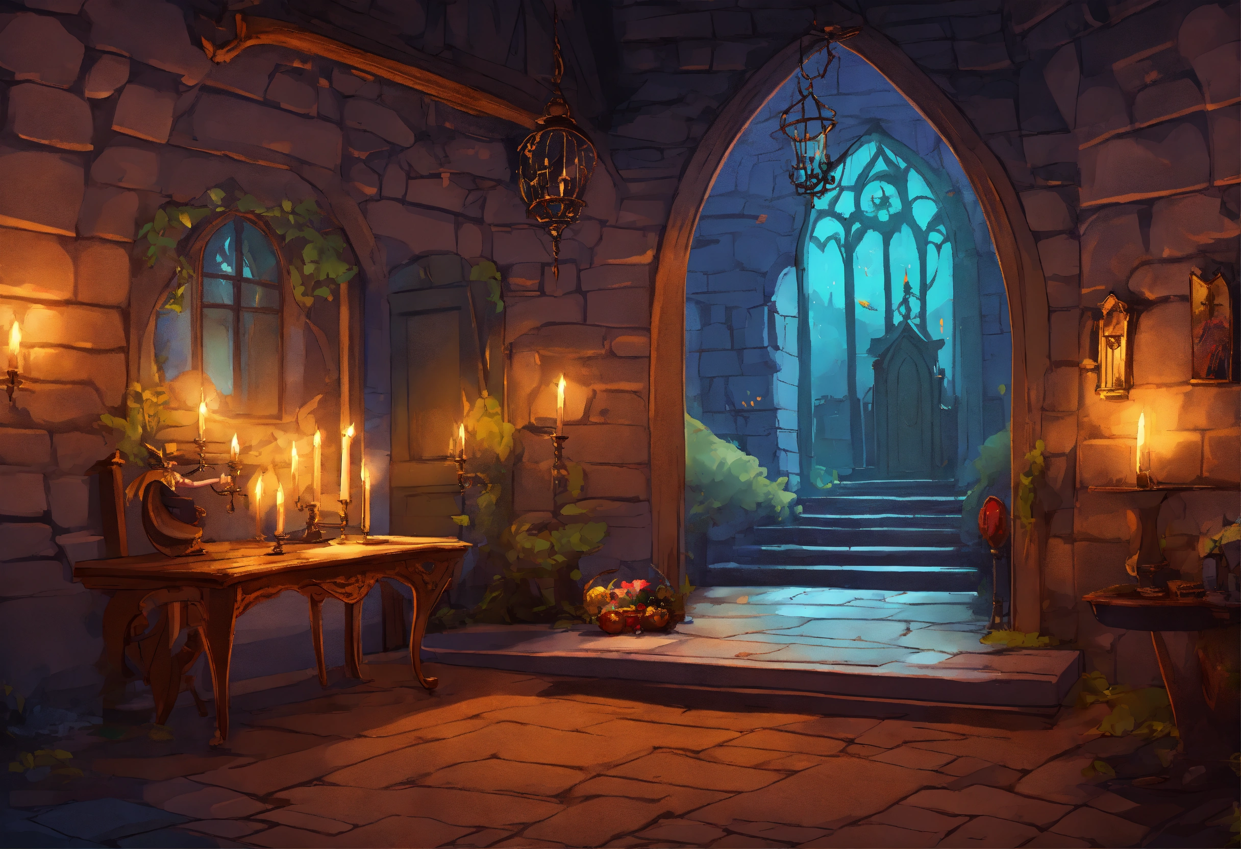 Lexica - Cartoon fairy taie style image inside witch scary big castle hall