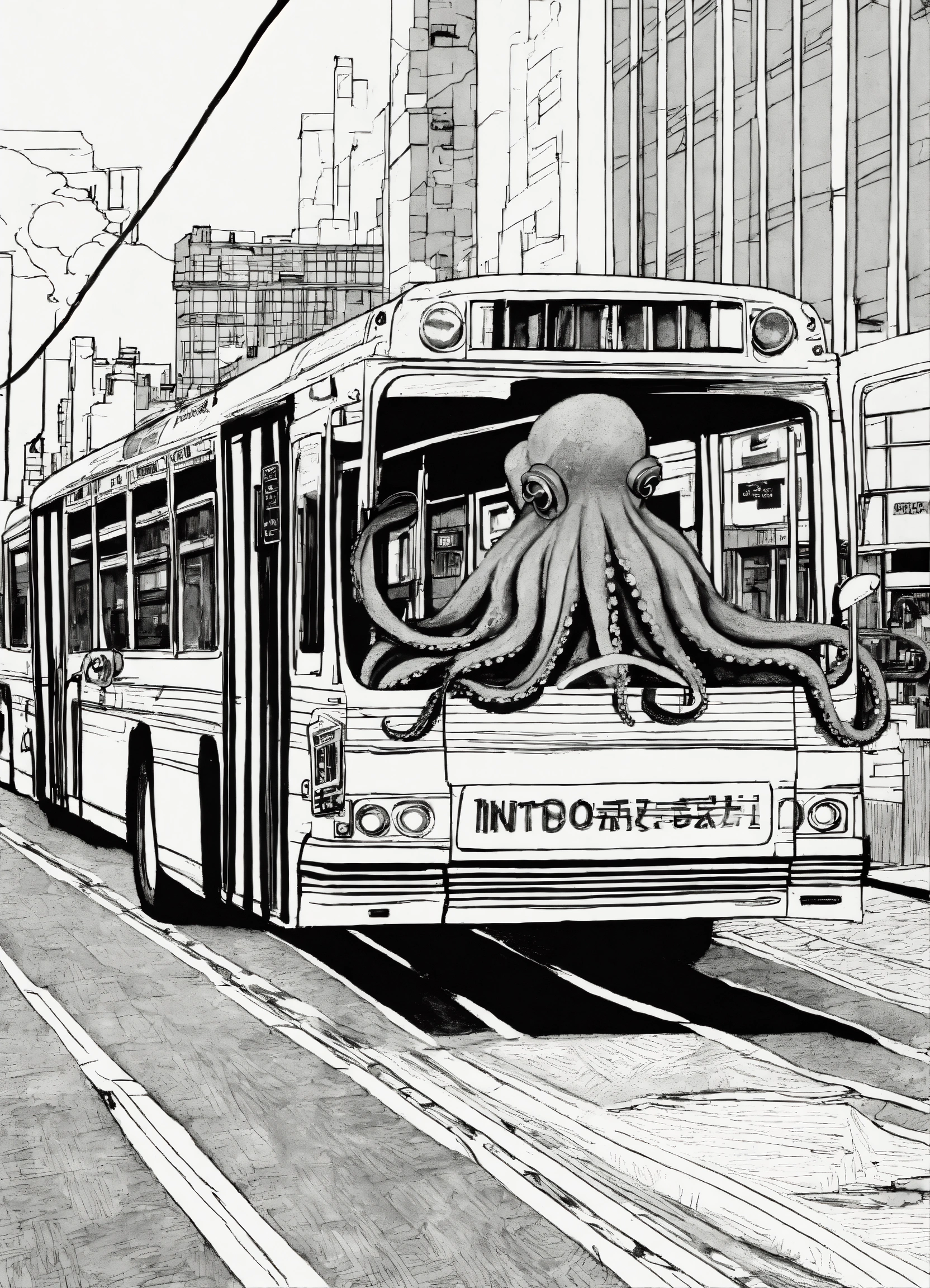 Lexica - Ink drawing of an octopus pushing wearing headphones, riding ...