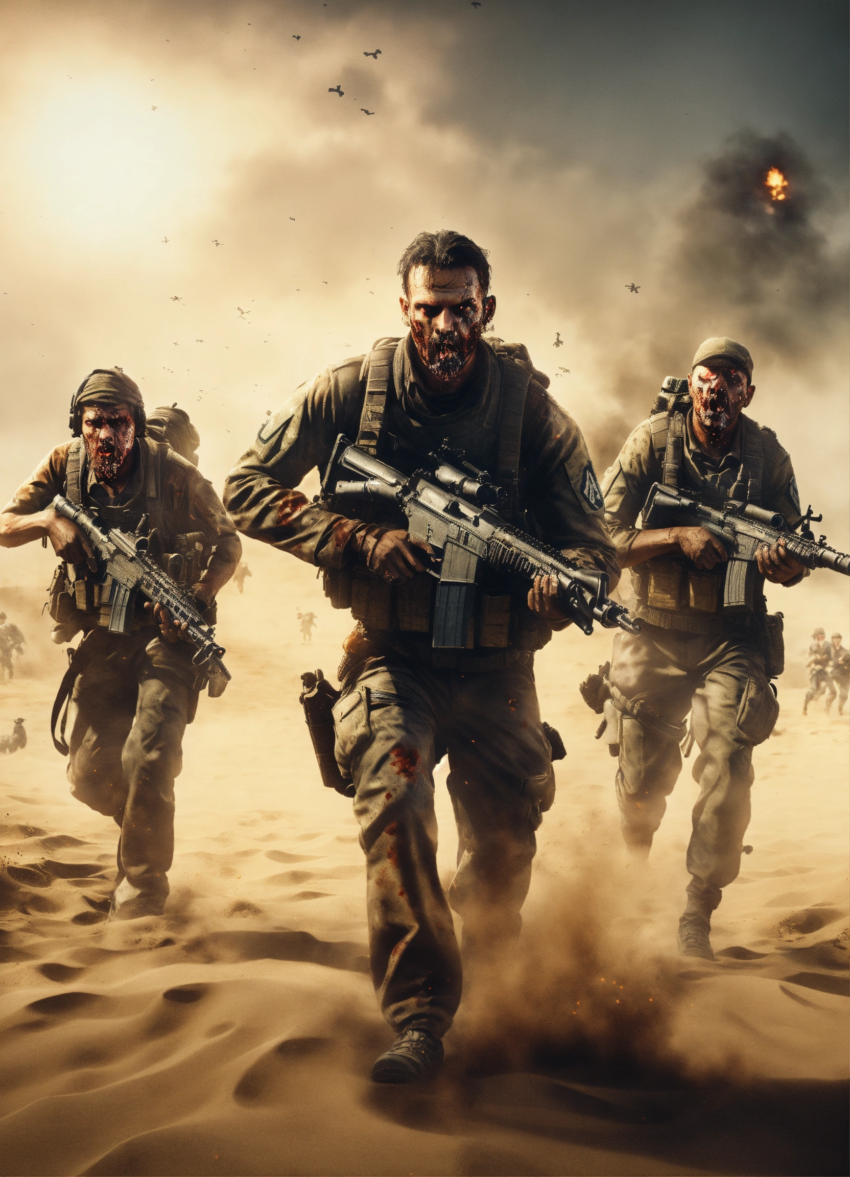 Lexica - Call of duty zombies running at camera on sand, cinematic 4k