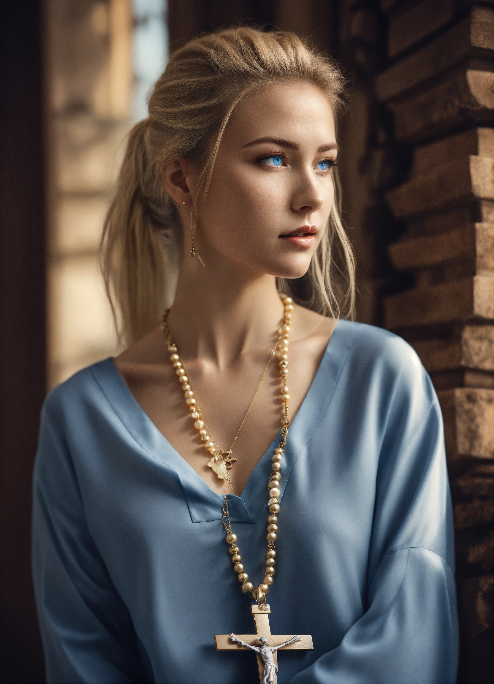 Lexica - A beautiful woman with blue eyes, blond hair in a ponytail ...