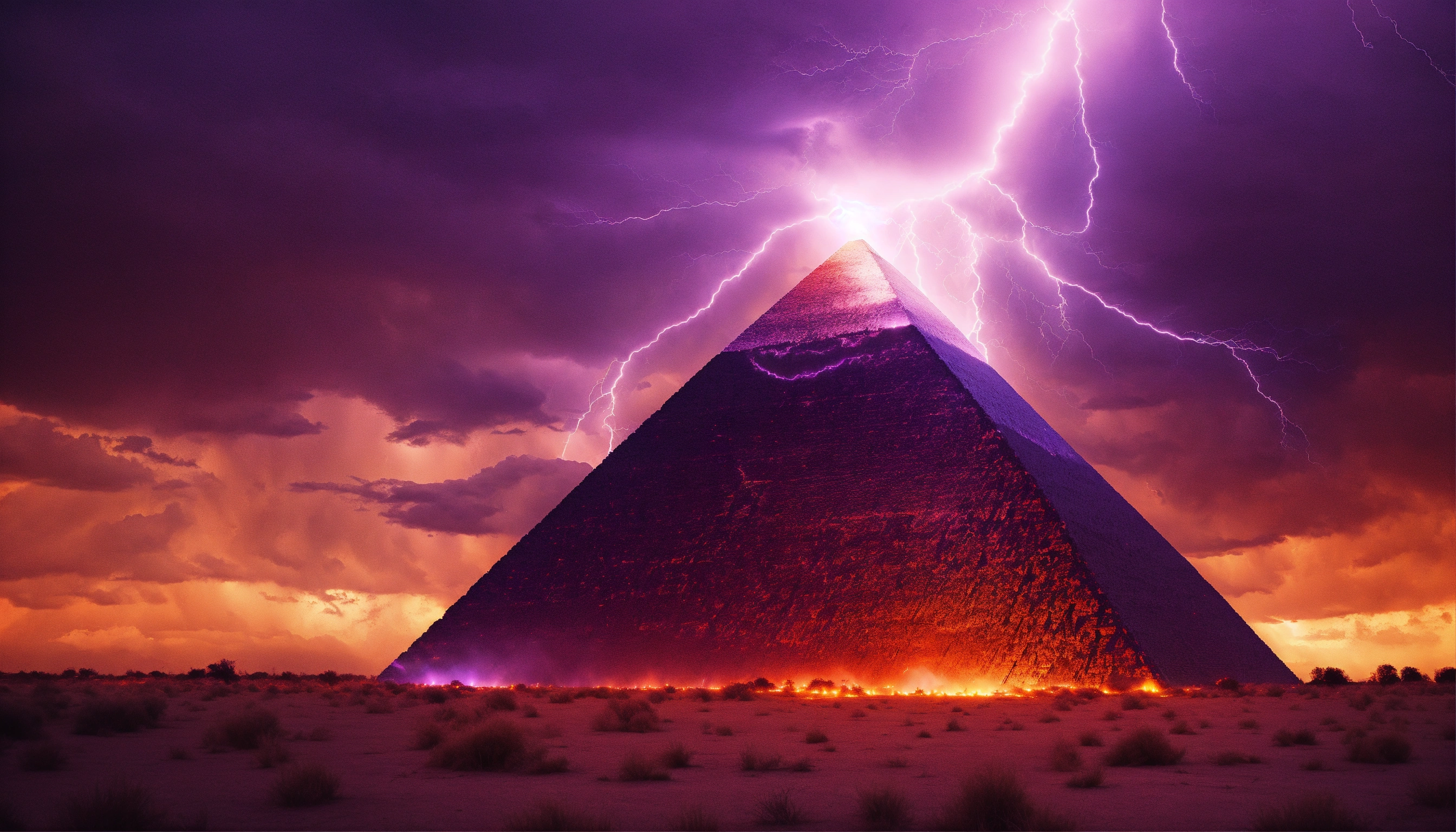 Lexica - A pyramid struck by lightning, purple and orange and red skies ...