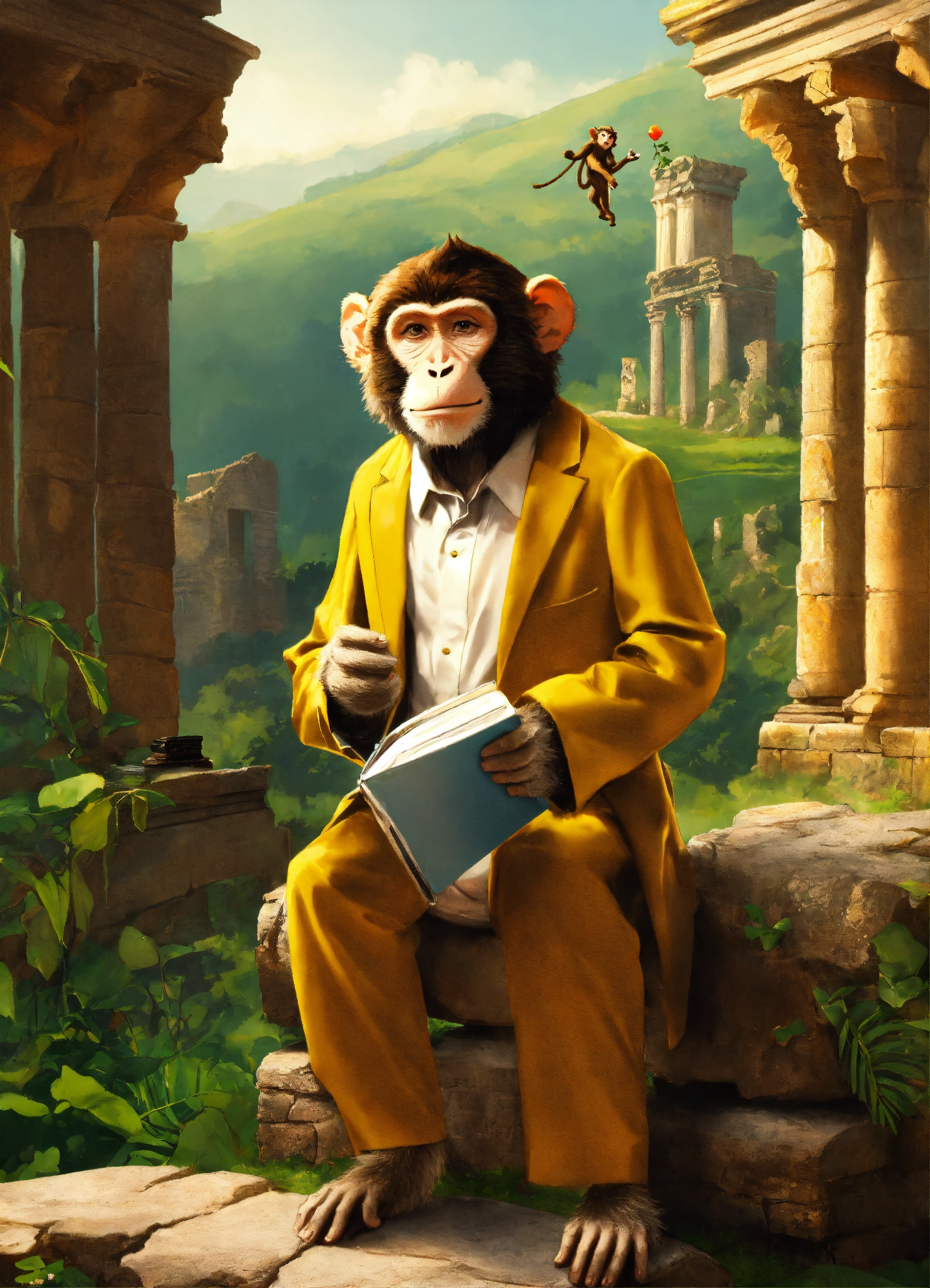 Lexica - Simon the mischievous Monkey in human clothes giving advice at ...