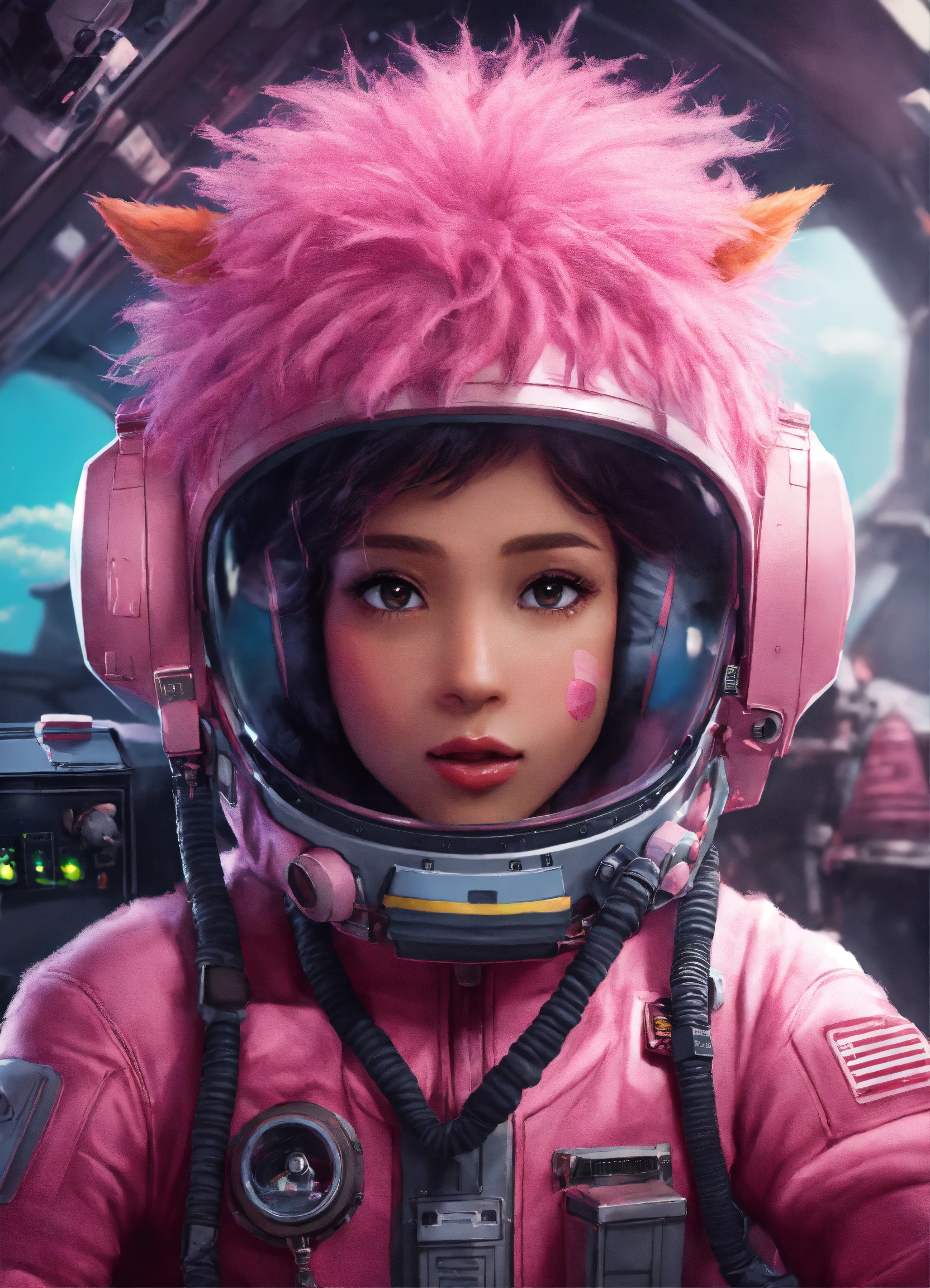 Lexica - Cute pink hairy monster with hi tech fighter pilot helmet on ...