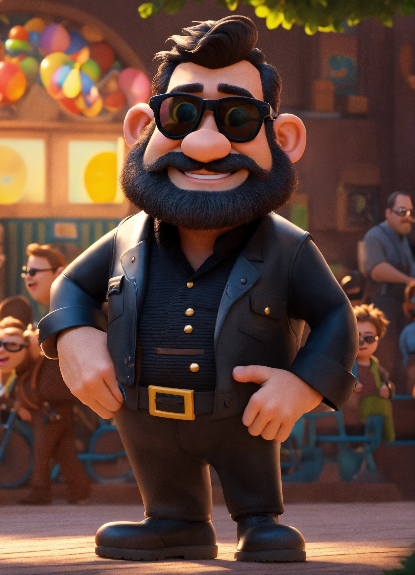 Lexica - Pixar cartoon with beard, sun glasses and total black outfit ...