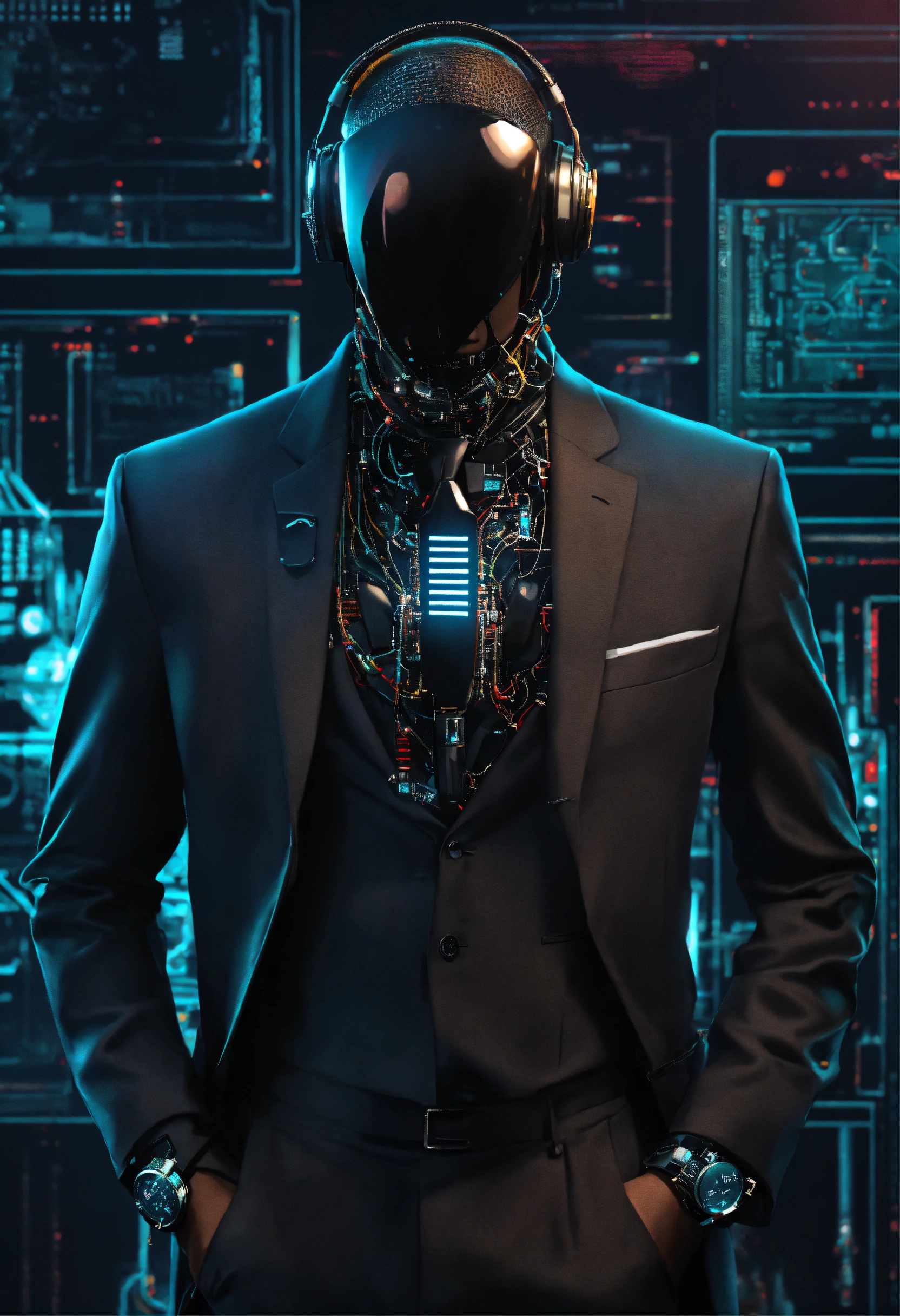 Lexica - A black hacker in a stylish suit with cybernetics