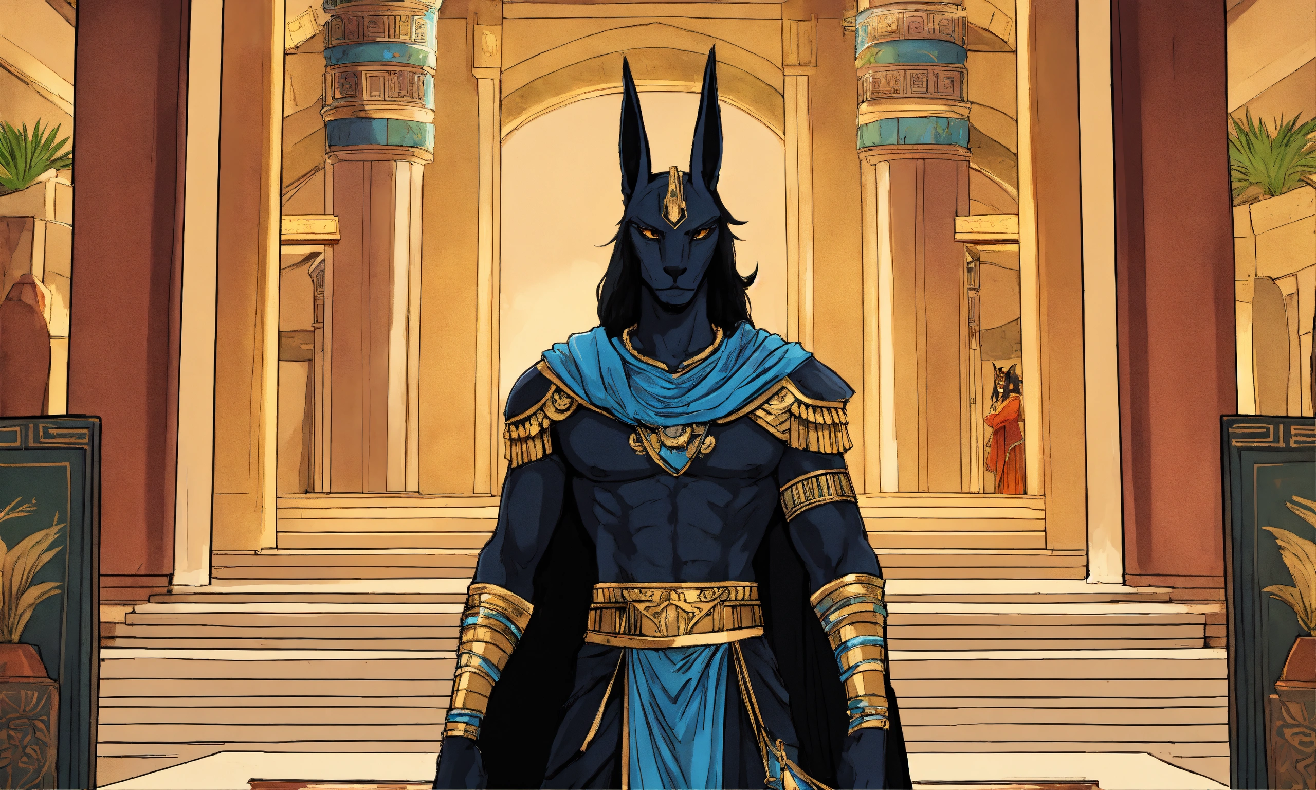 Lexica - Young human Black long haired Anubis at a temple. comic