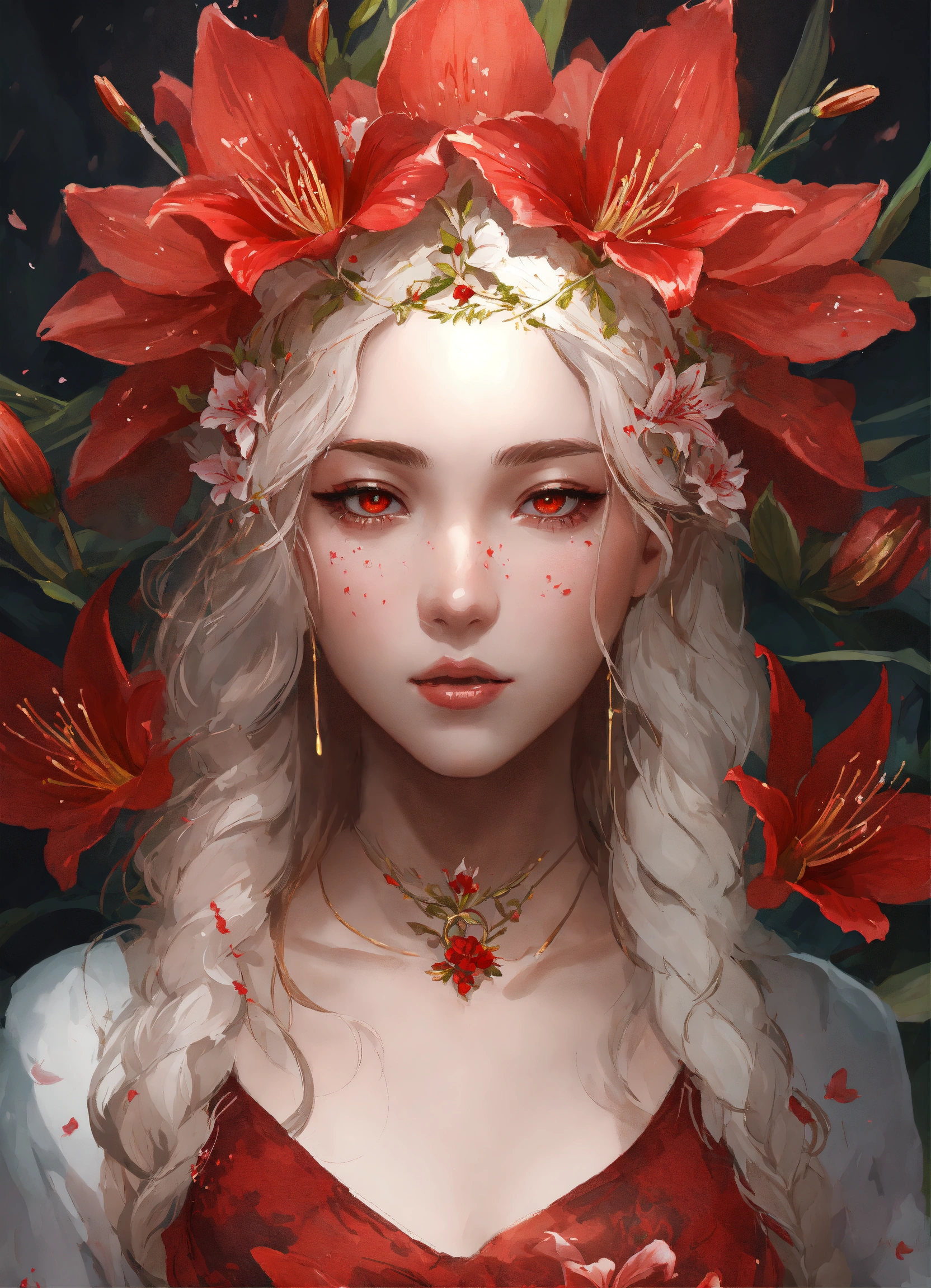 Lexica - Lily flower goddess holding a lily, braided white hair, red ...