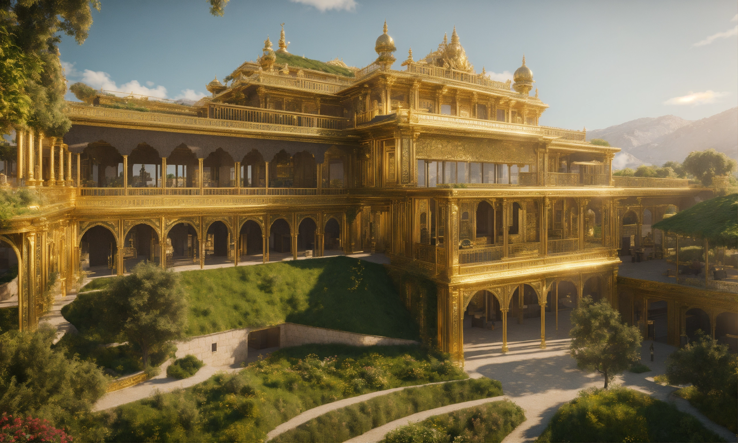 Lexica - Full image of a massive golden palace with a green roof, built ...