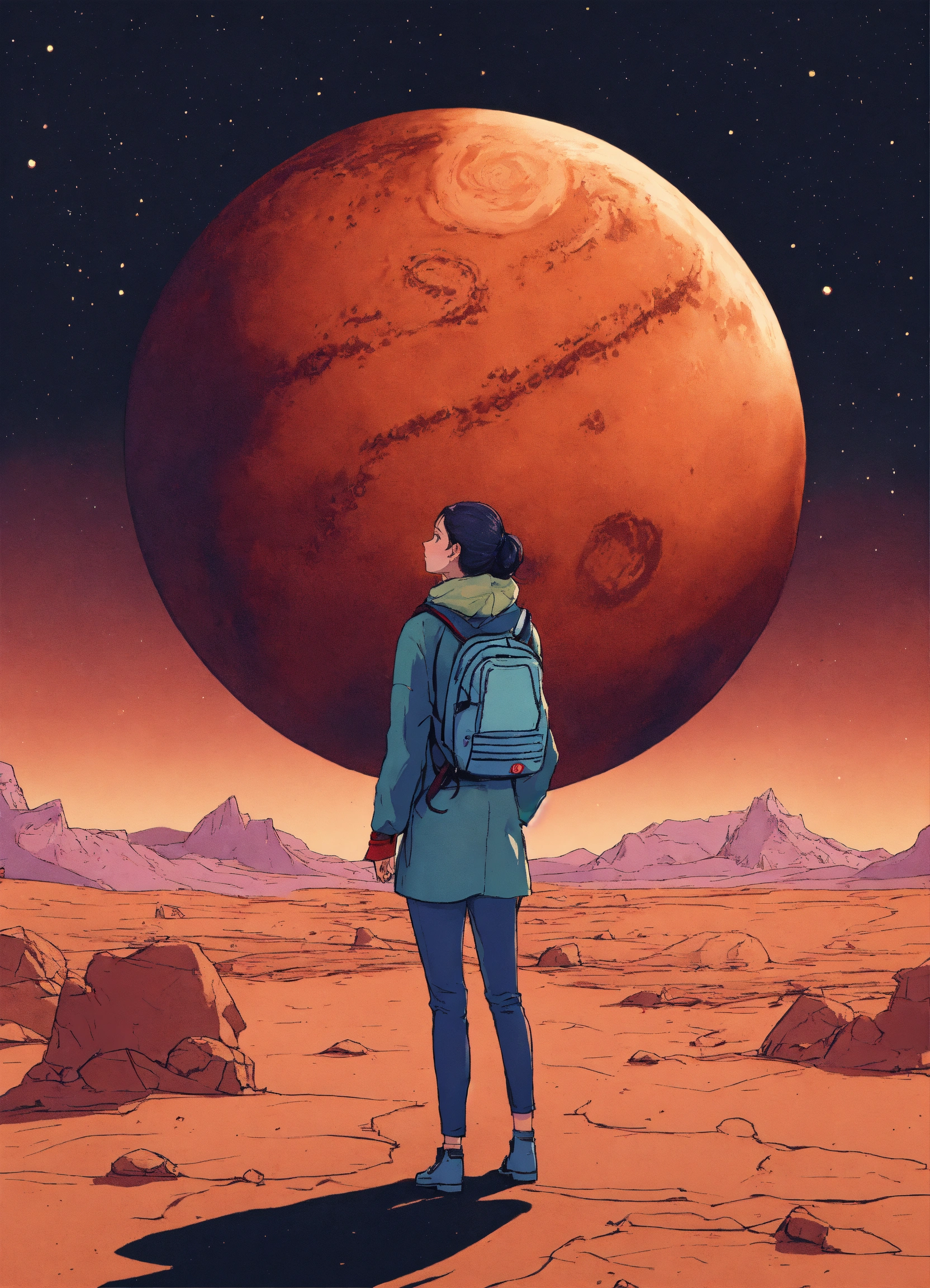Lexica - Illustration of a confused woman holding "Planet Mars"