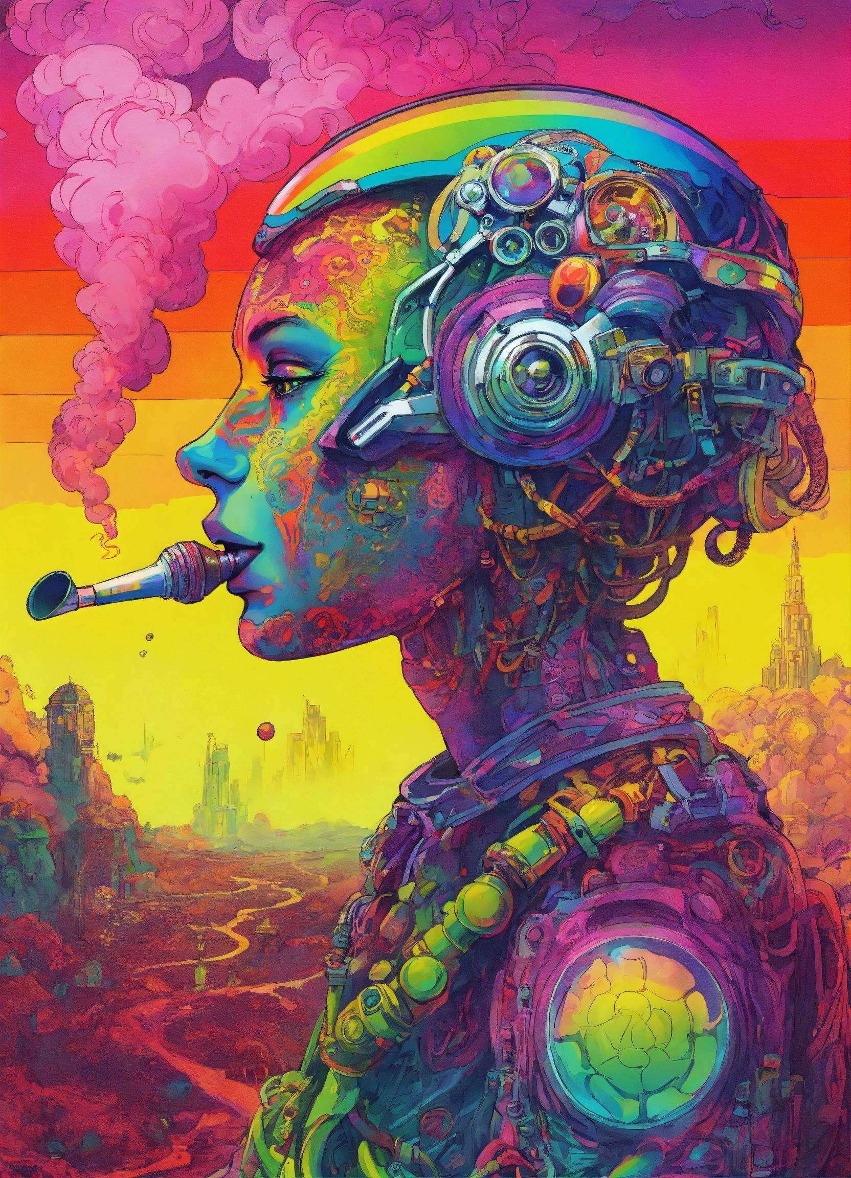 Lexica - Cyborg else psychedelic retro poster smoking a pipe in a ...
