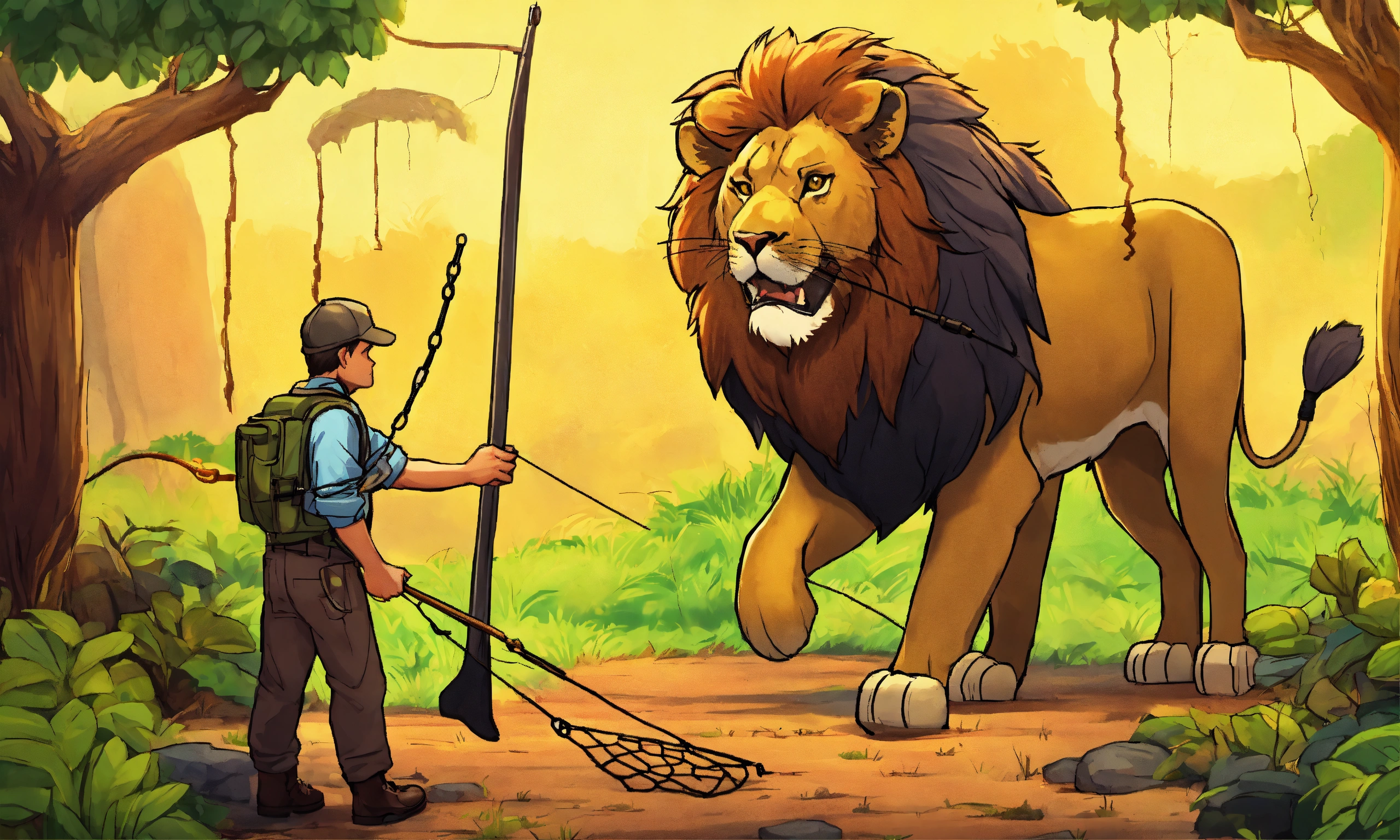 Lexica - Cartoon hunter caught big lion with the help of net and hooked ...