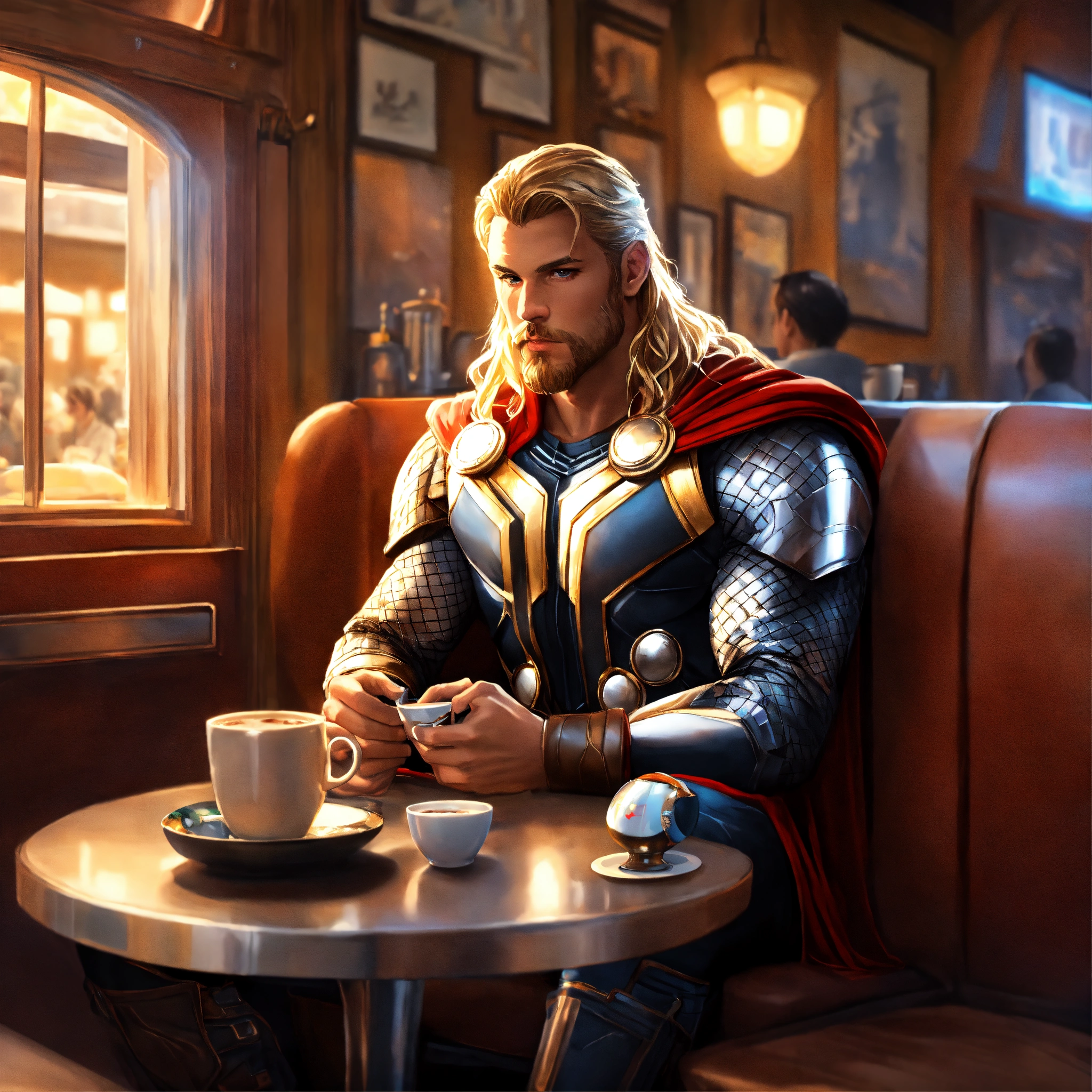 Lexica - Artgerm, Thor sitting at a cosy diner, having a coffee, vain ...
