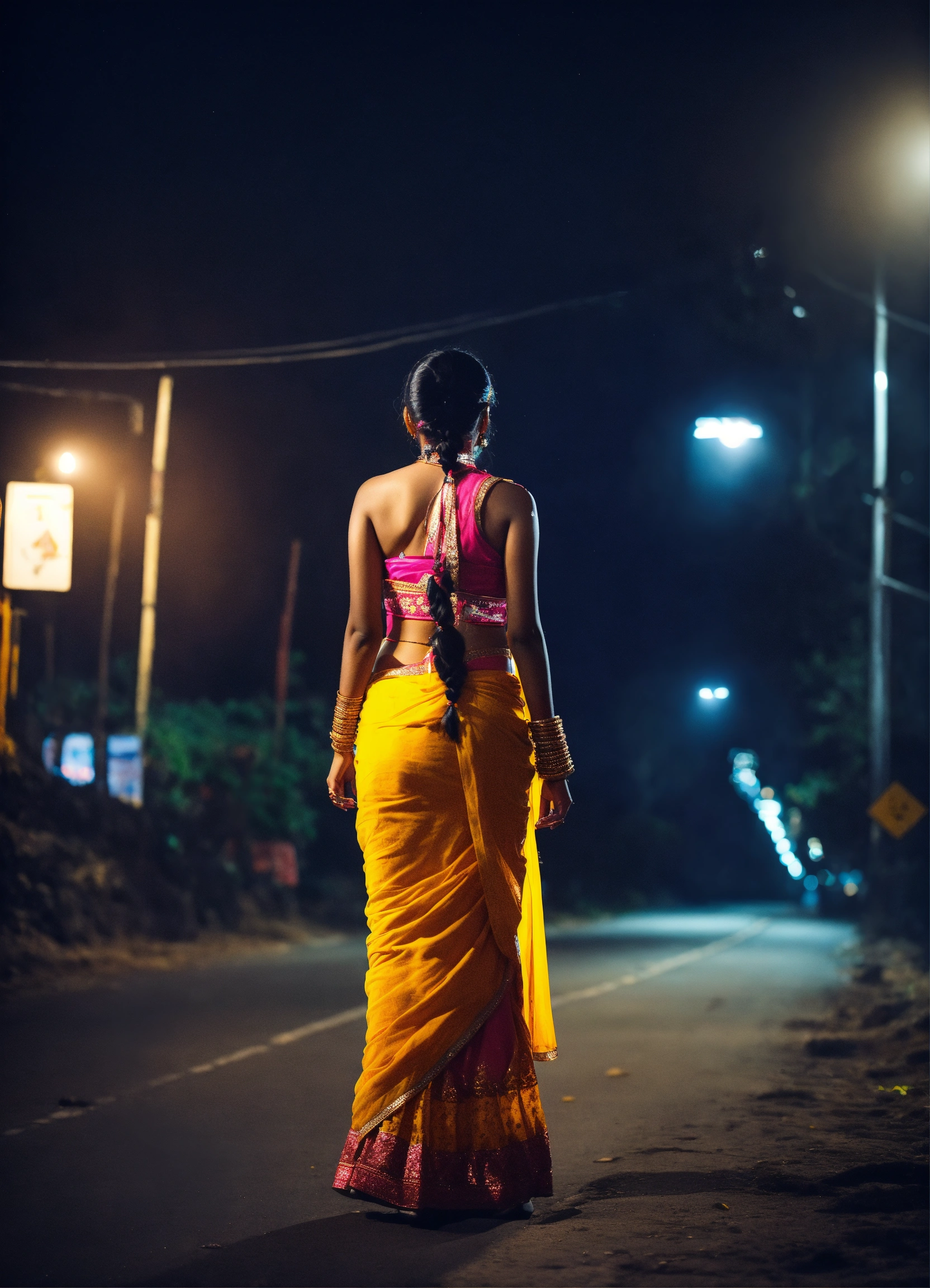 Lexica - Back with sadness indian sare girl going on road dark night walk