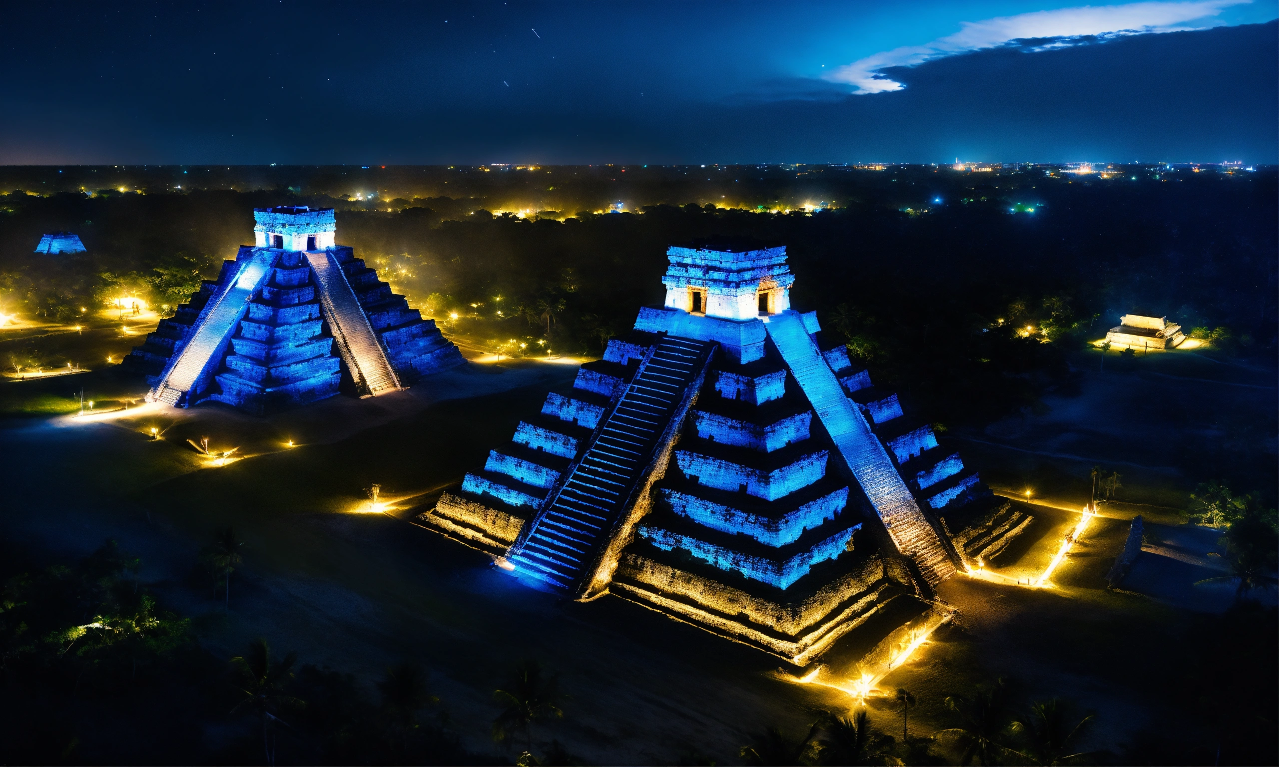 Lexica - Aerial view of three Mayan pyramids emitting a beam of blue ...