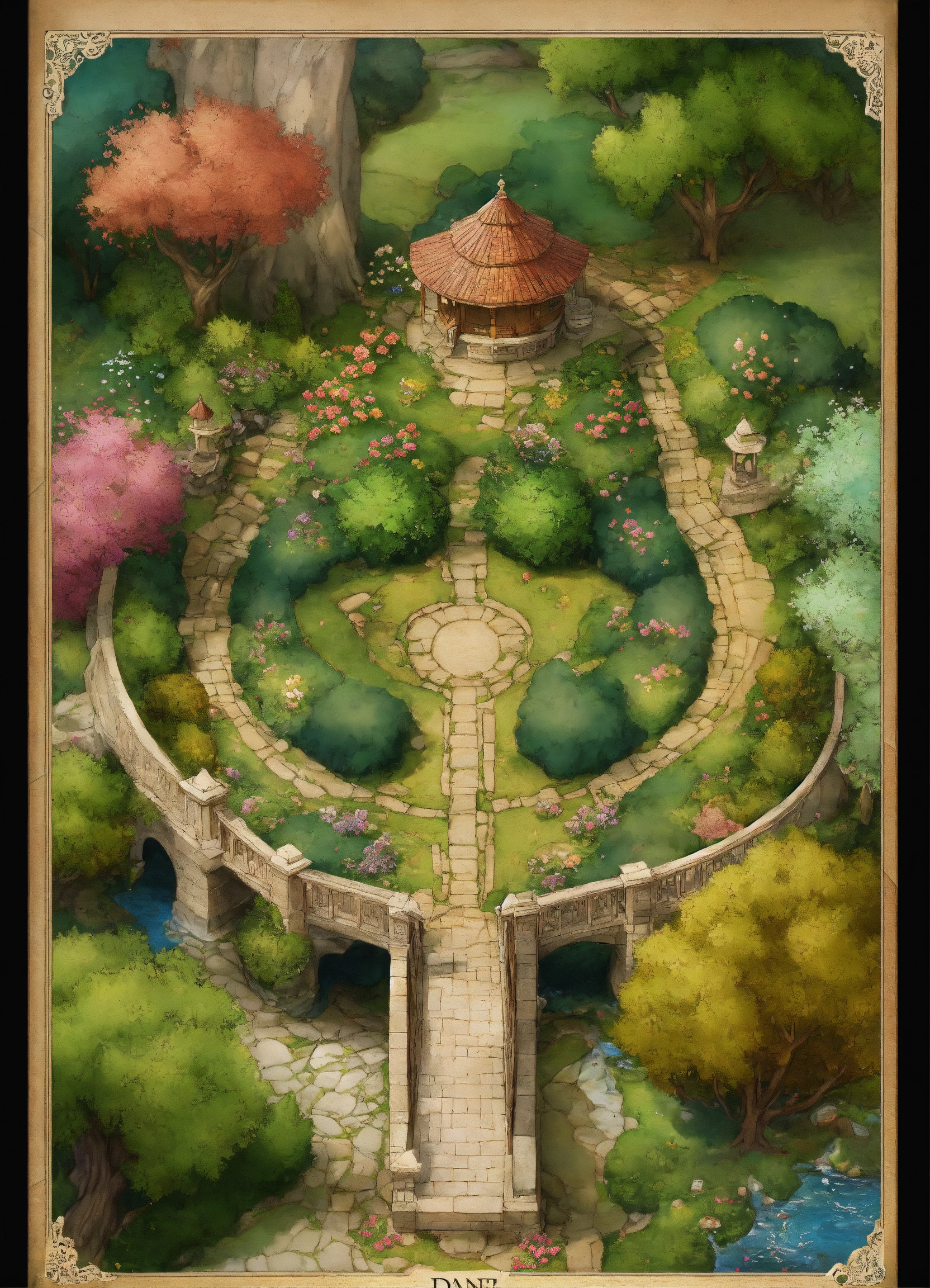 Lexica - Dnd map, overview, magical garden with a bridge and pavilion