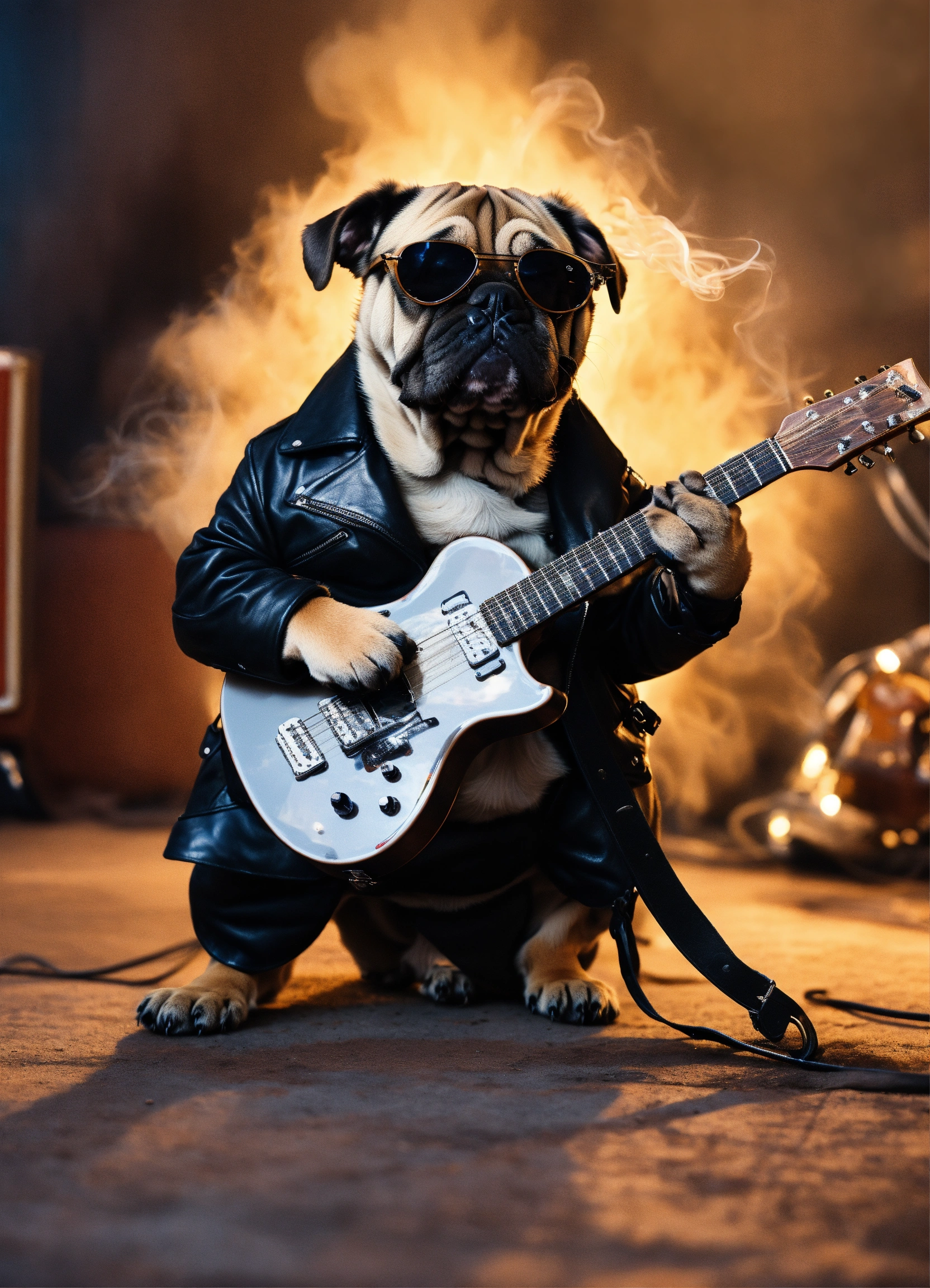 Lexica - A bulldog/pug playing electric guitar. Rock and roll. Smoking ...