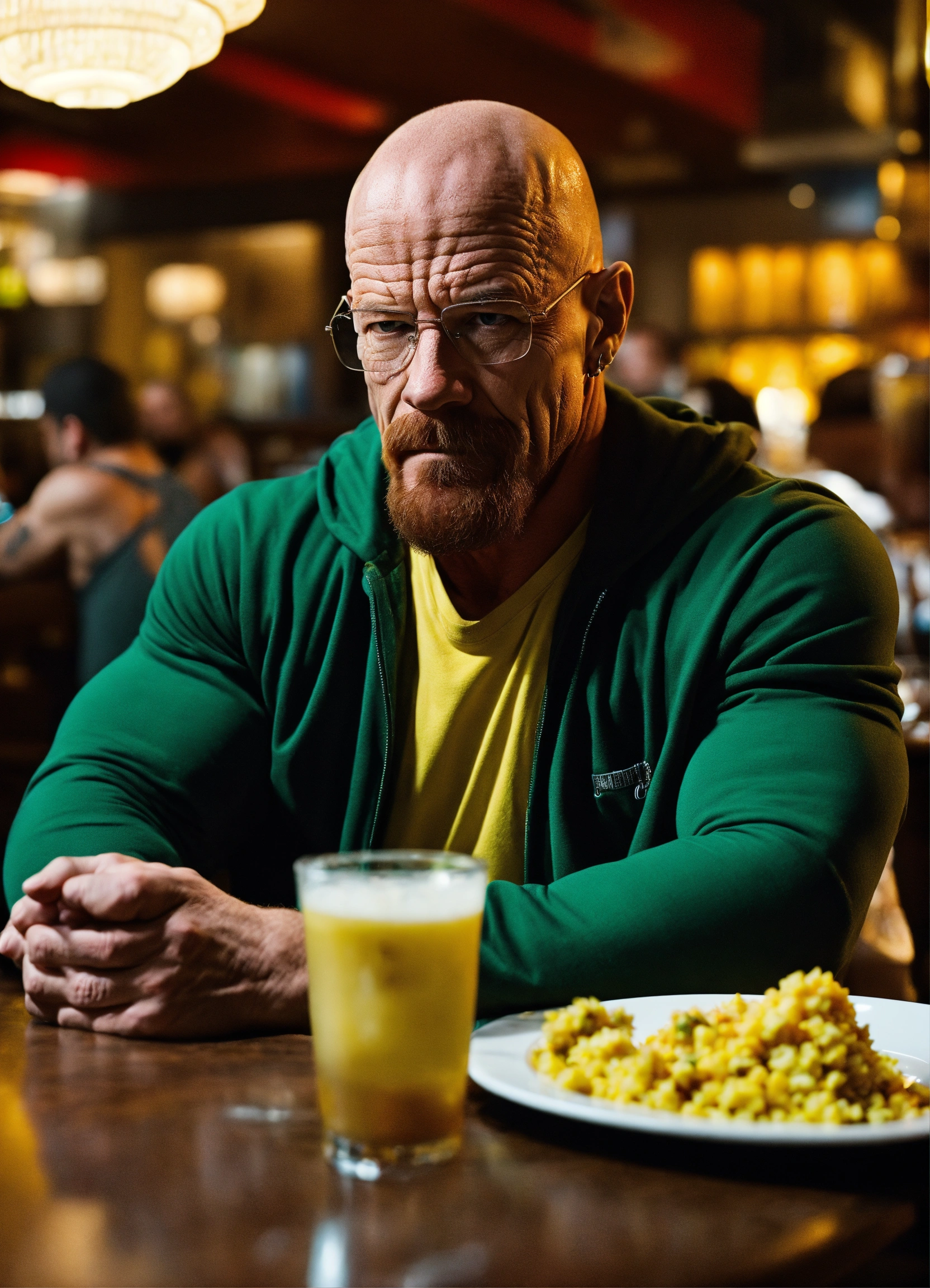 Lexica - Bodybuilder Walter White in combination sat in a restaurant