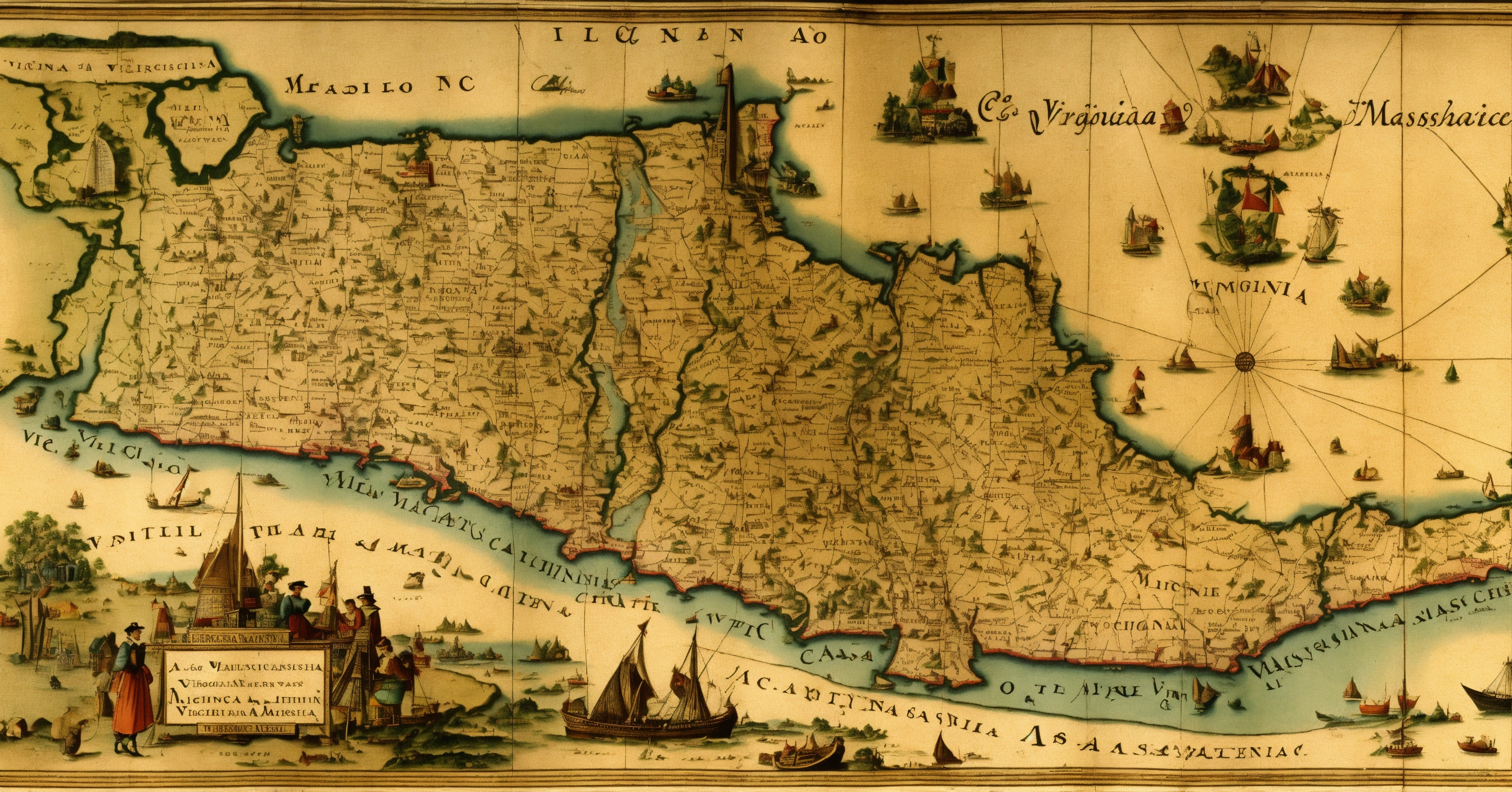 Lexica - A vintage map showing Virginia and Massachusetts In 1620