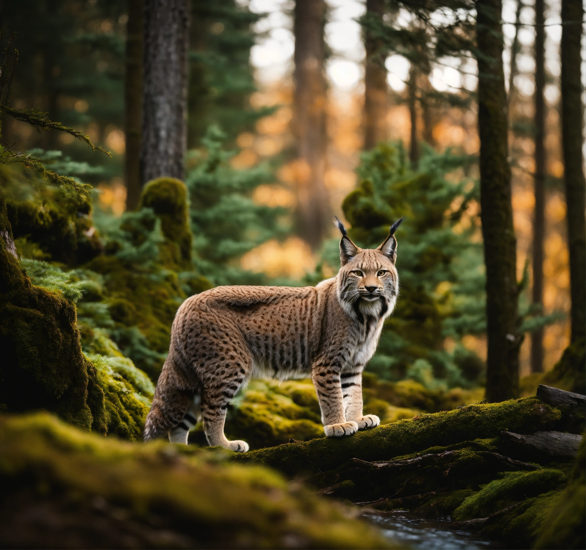 Lexica - Minimal, cinematic, a lynx among the trees, forest lake, moss ...