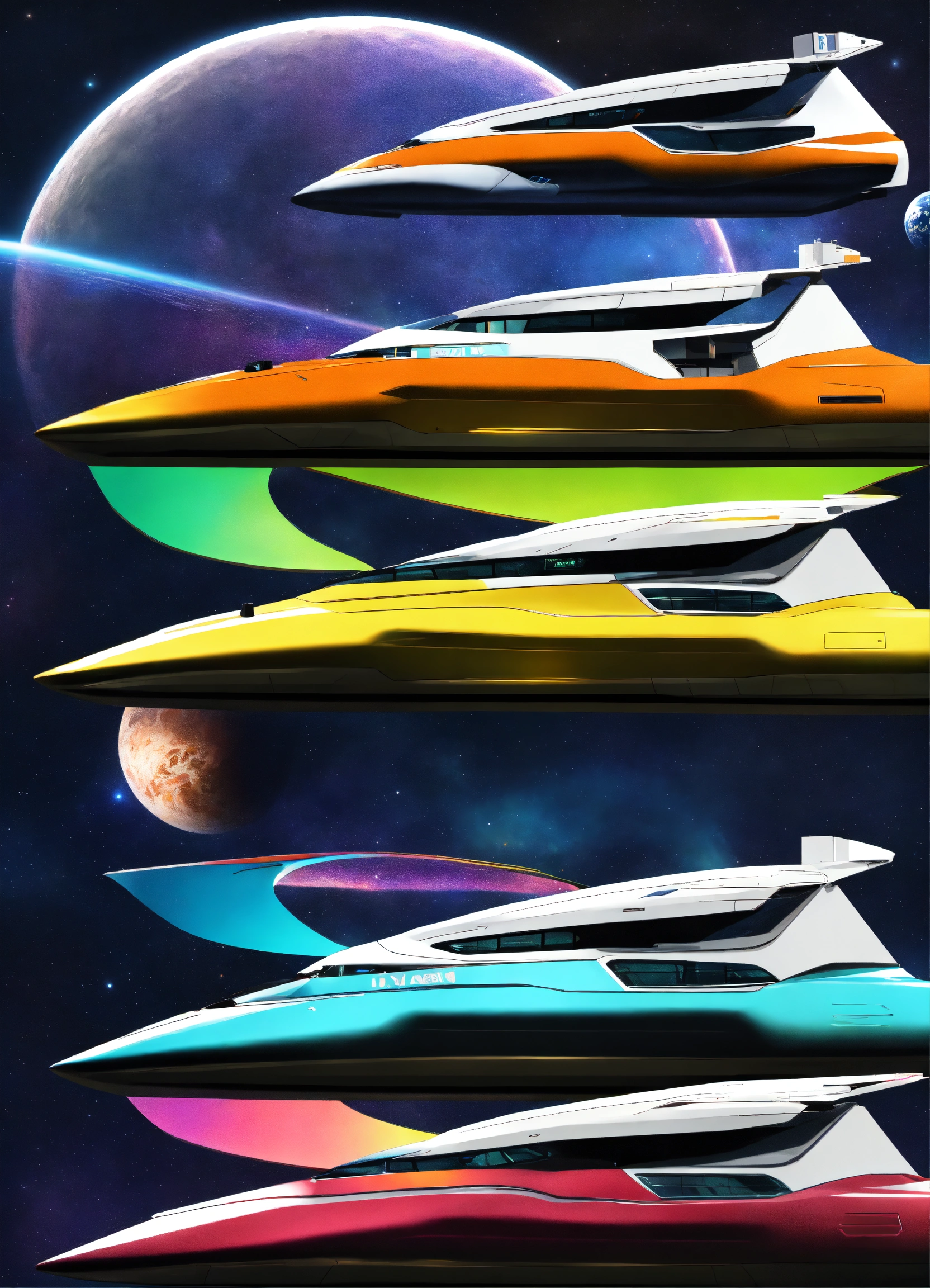 Lexica - 5 Colorful Sporty space yachts docked at a space yacht ...