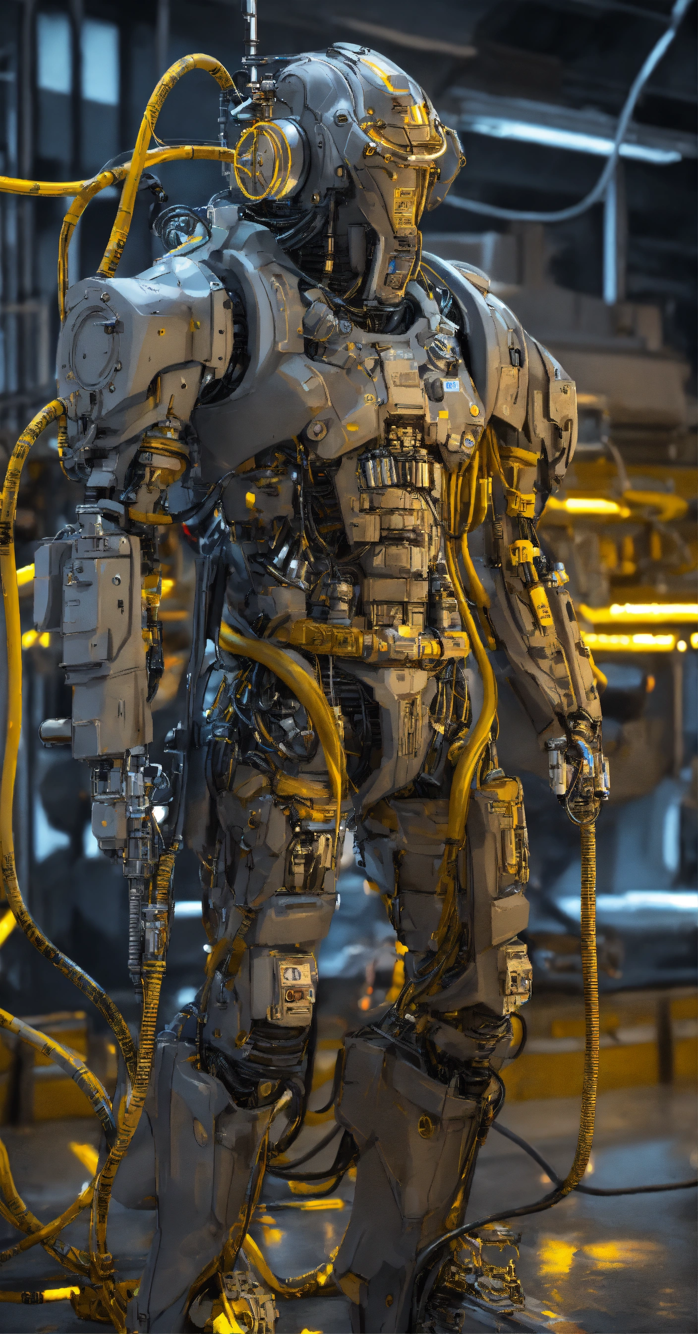 Lexica - Gray cybernetic mechanical warrior with many hoses and cables.