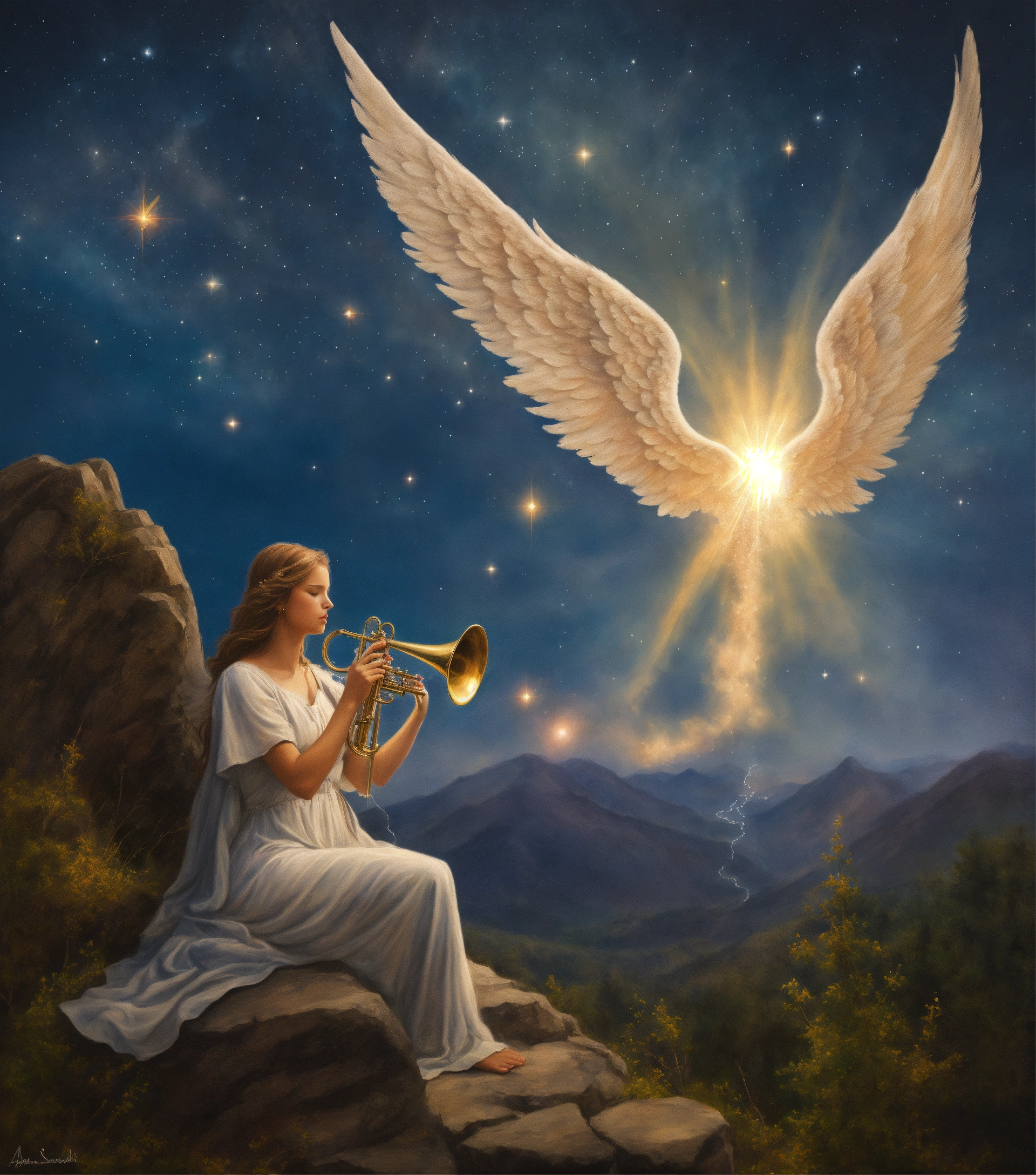Lexica - Realistic drawing, angel on a mountain blowing a horn, in the ...