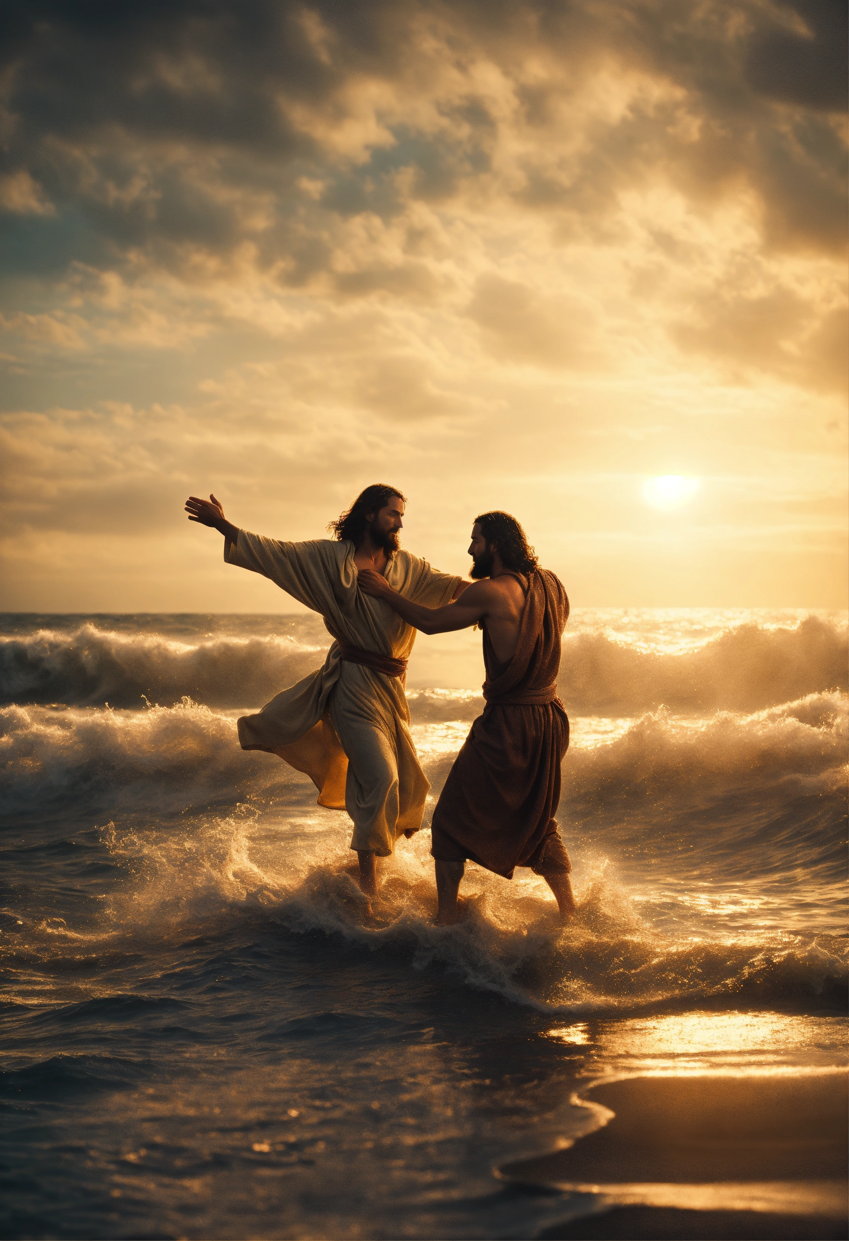 Lexica - Jesus pulling, lifting a man from ocean, realistic, cinematic ...