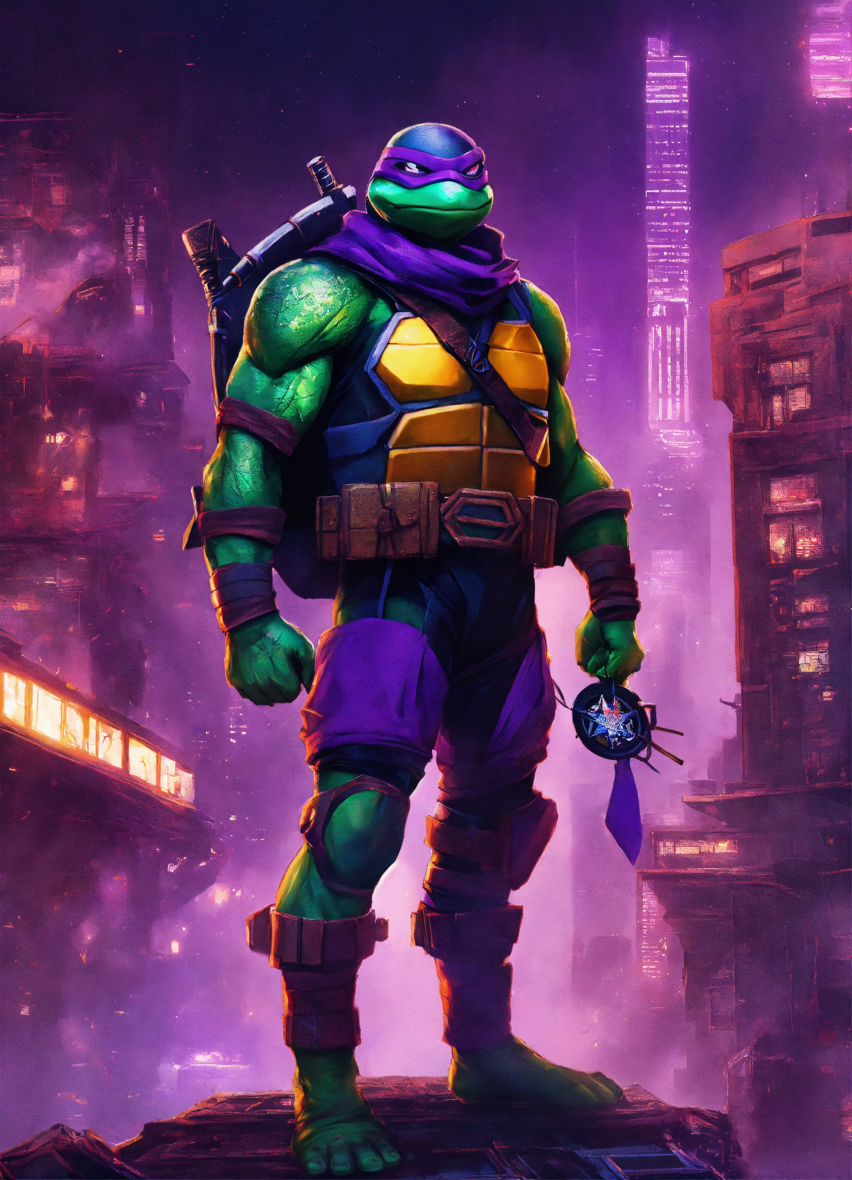 Lexica - A dreamlike ninja turtle with a purple eye band and shuriken ...
