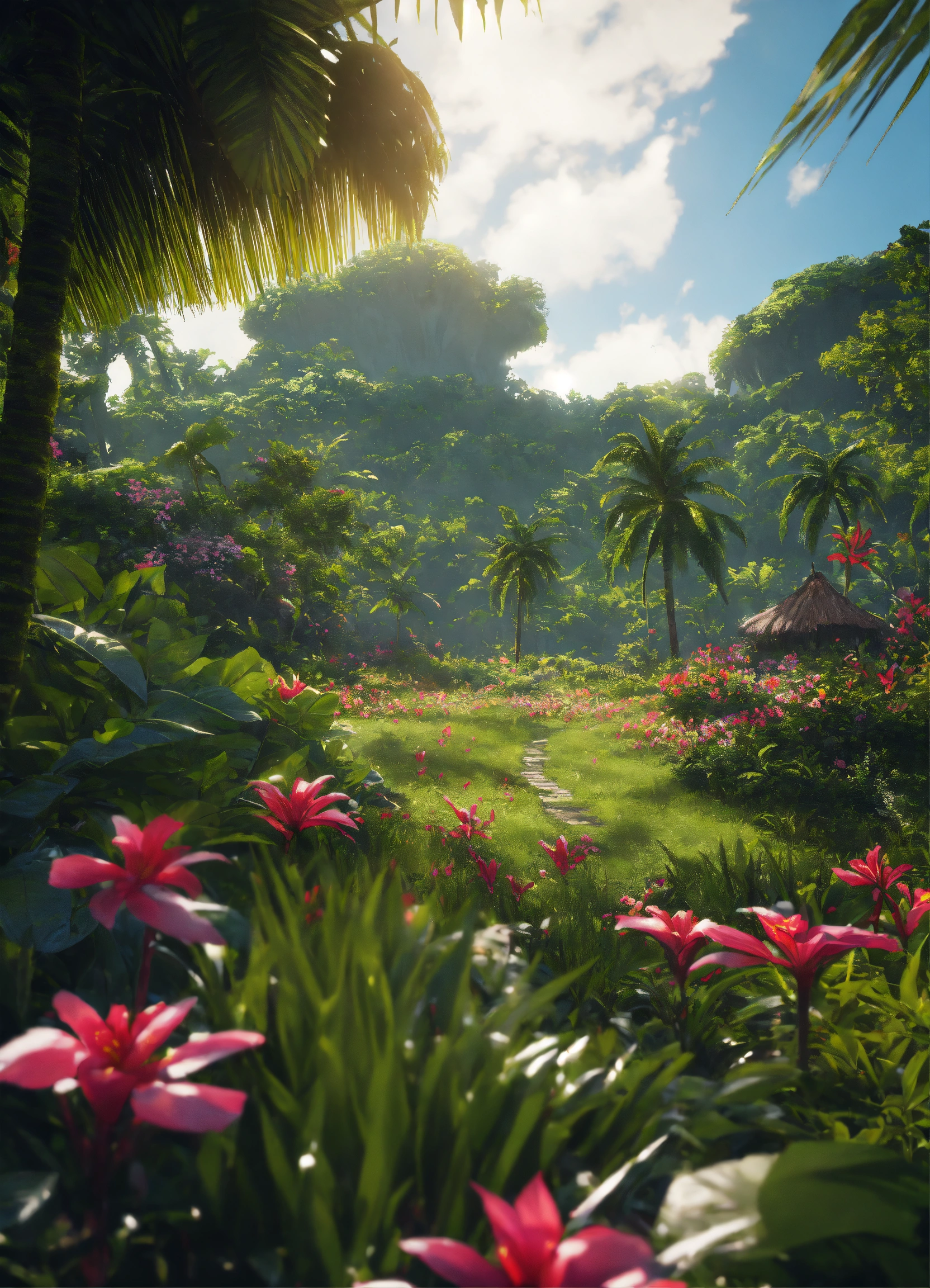 Lexica - Massive open tropical landscape, tropical flowers, lush green ...