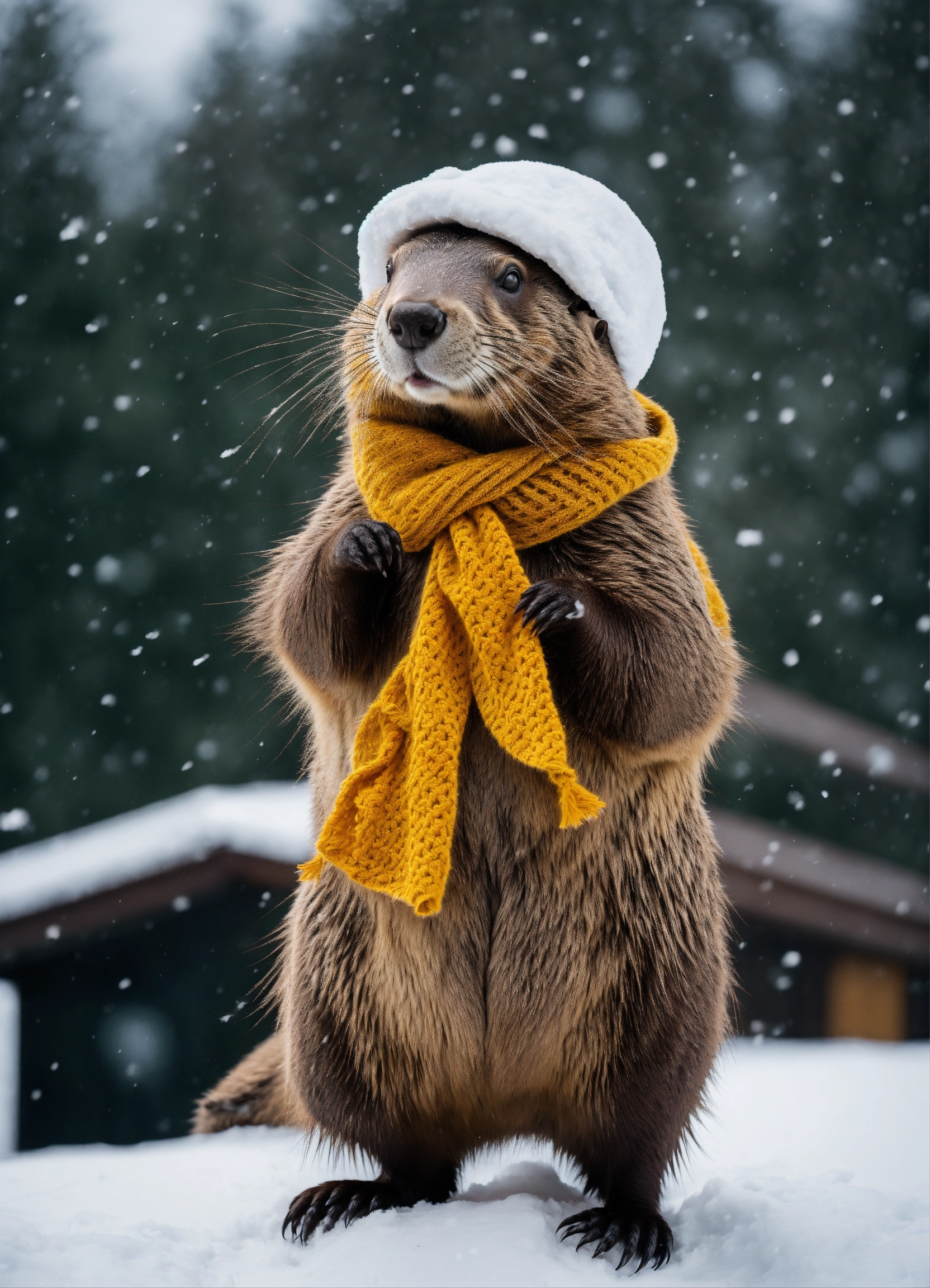 Lexica - A beaver standing on a flat roof in the snow wearing a scarf ...