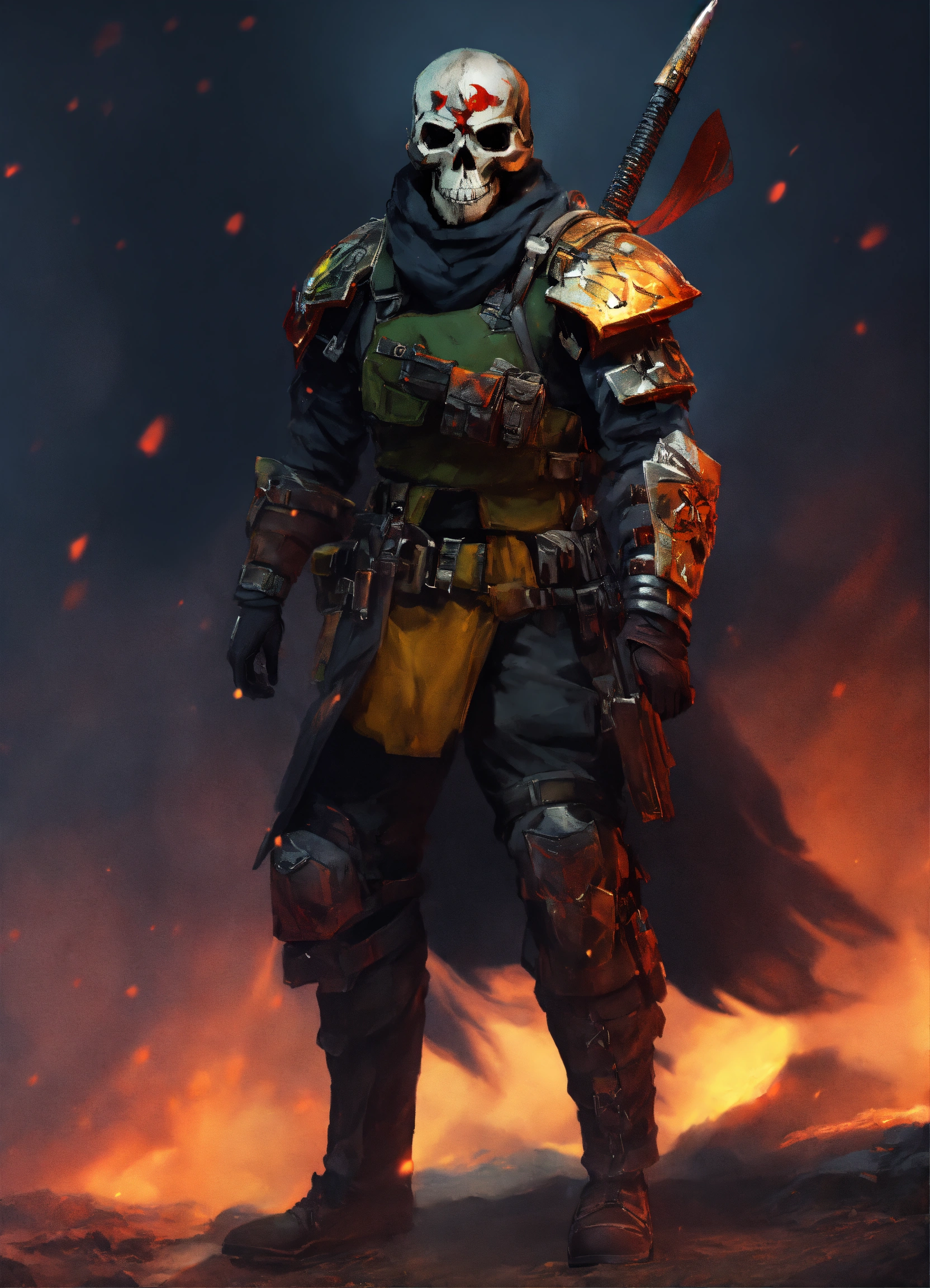 Lexica - Dark mercenary wearing a skull mask without jaw, distant view