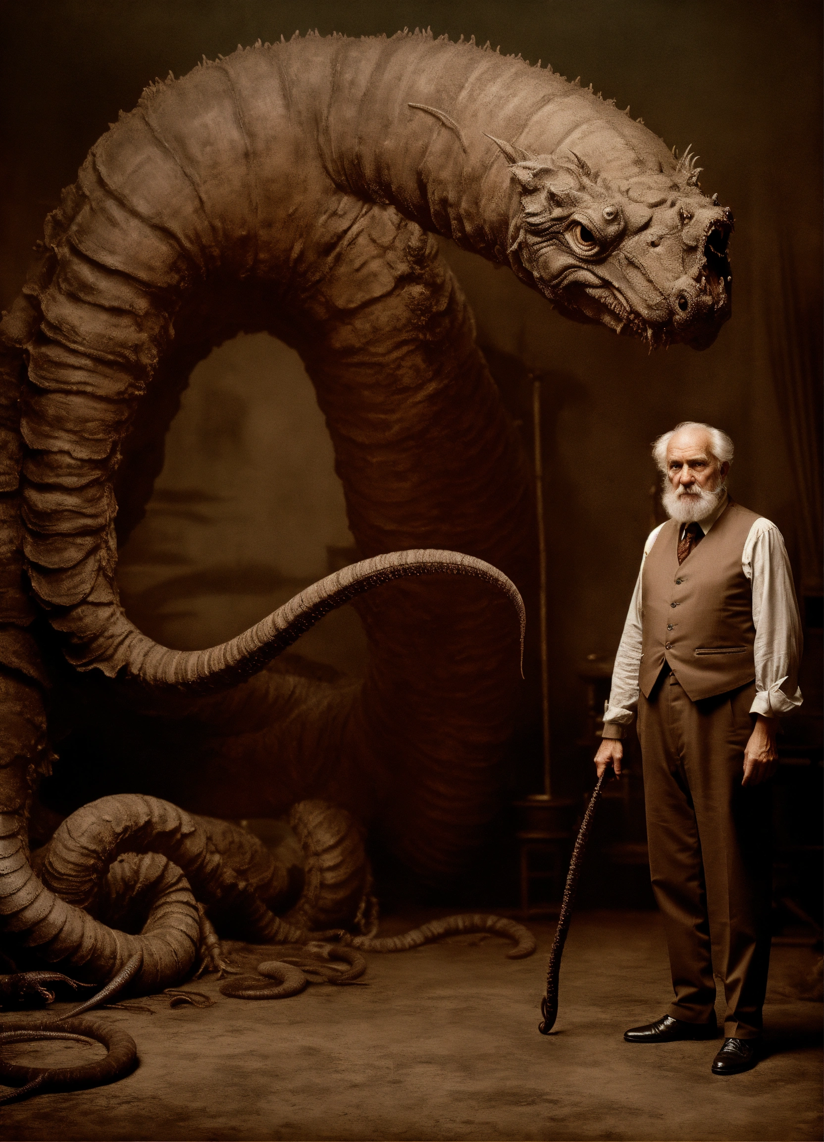 Lexica - Old man standing next to a giant worm monster, in the style of ...