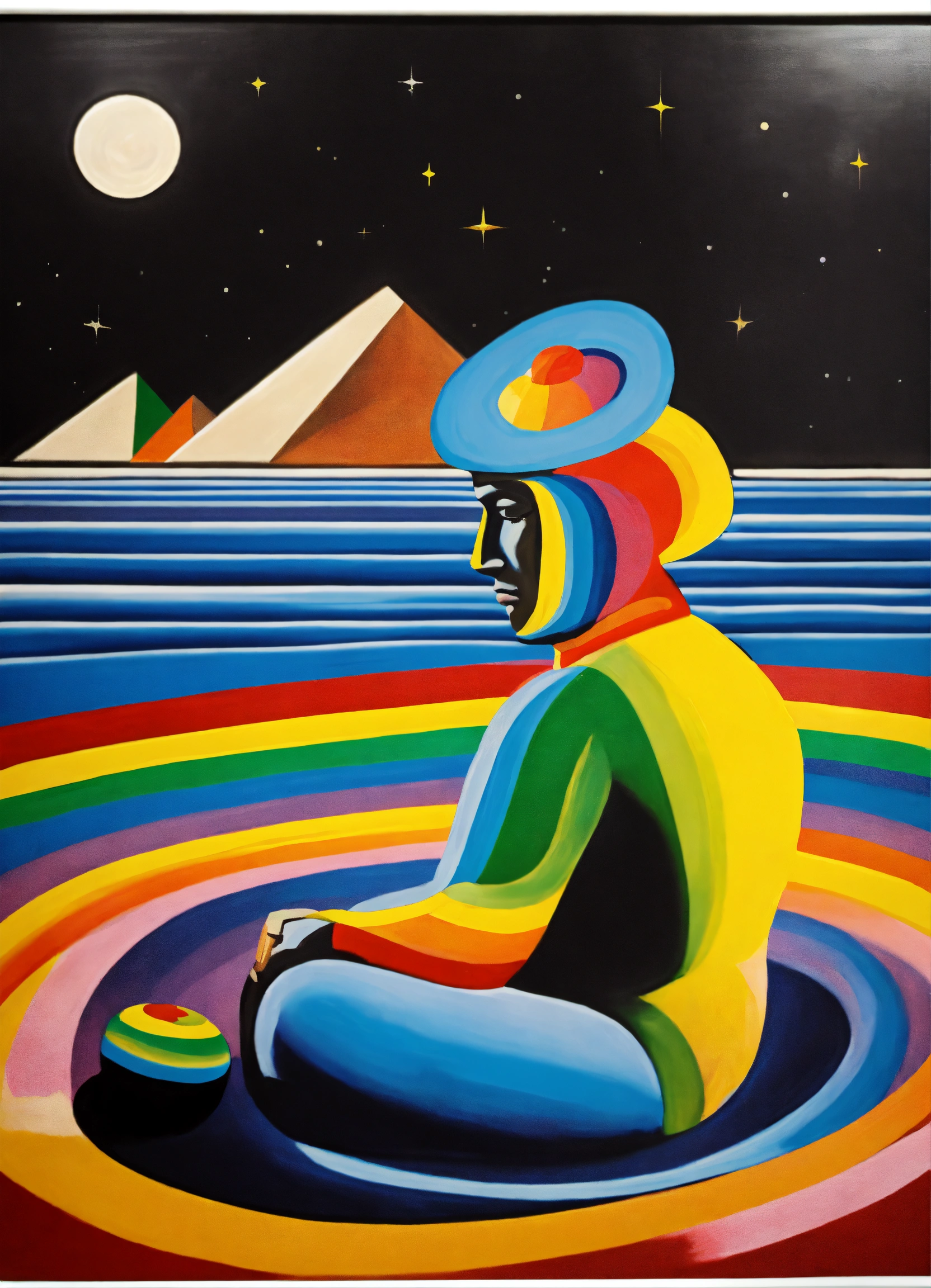 Lexica - Vintage poster hippie Pablo Picasso meditating on the beach ...