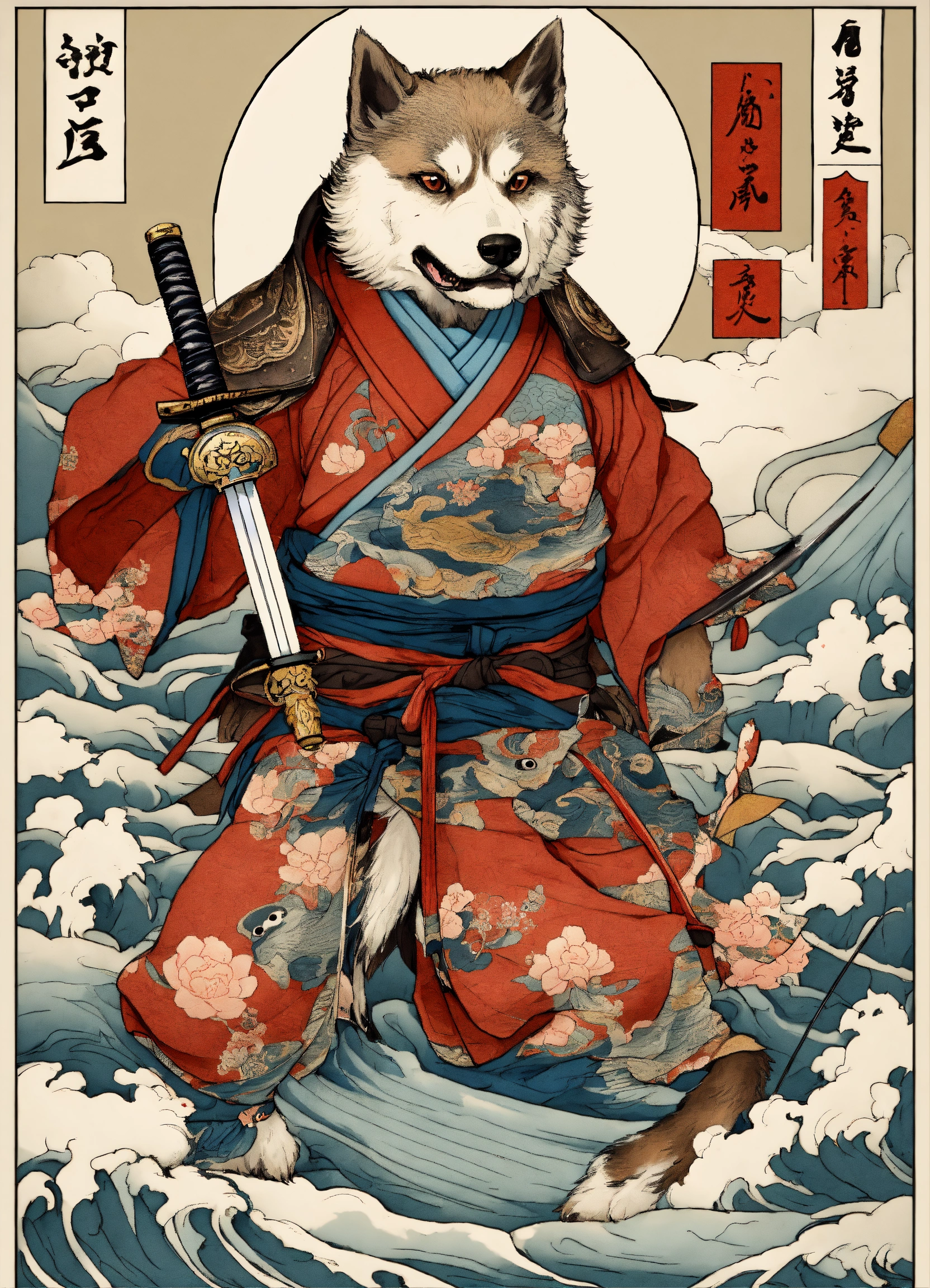 Lexica - There is a dog with a fish and a sword on a white background ...