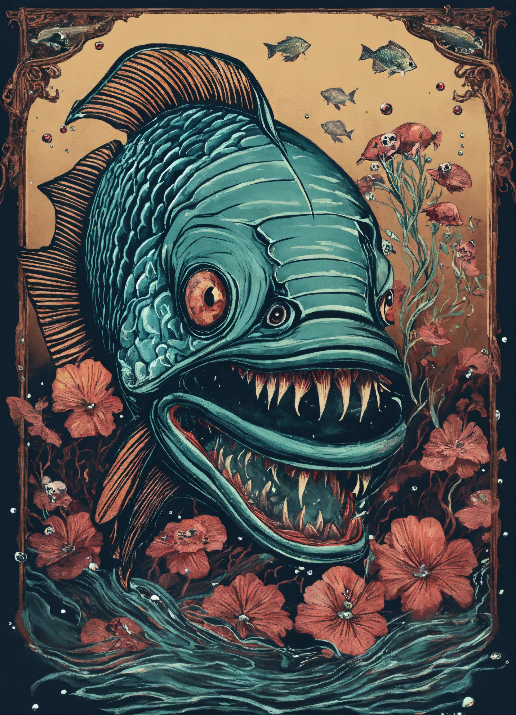 Lexica - Sinister fish in water with skulls