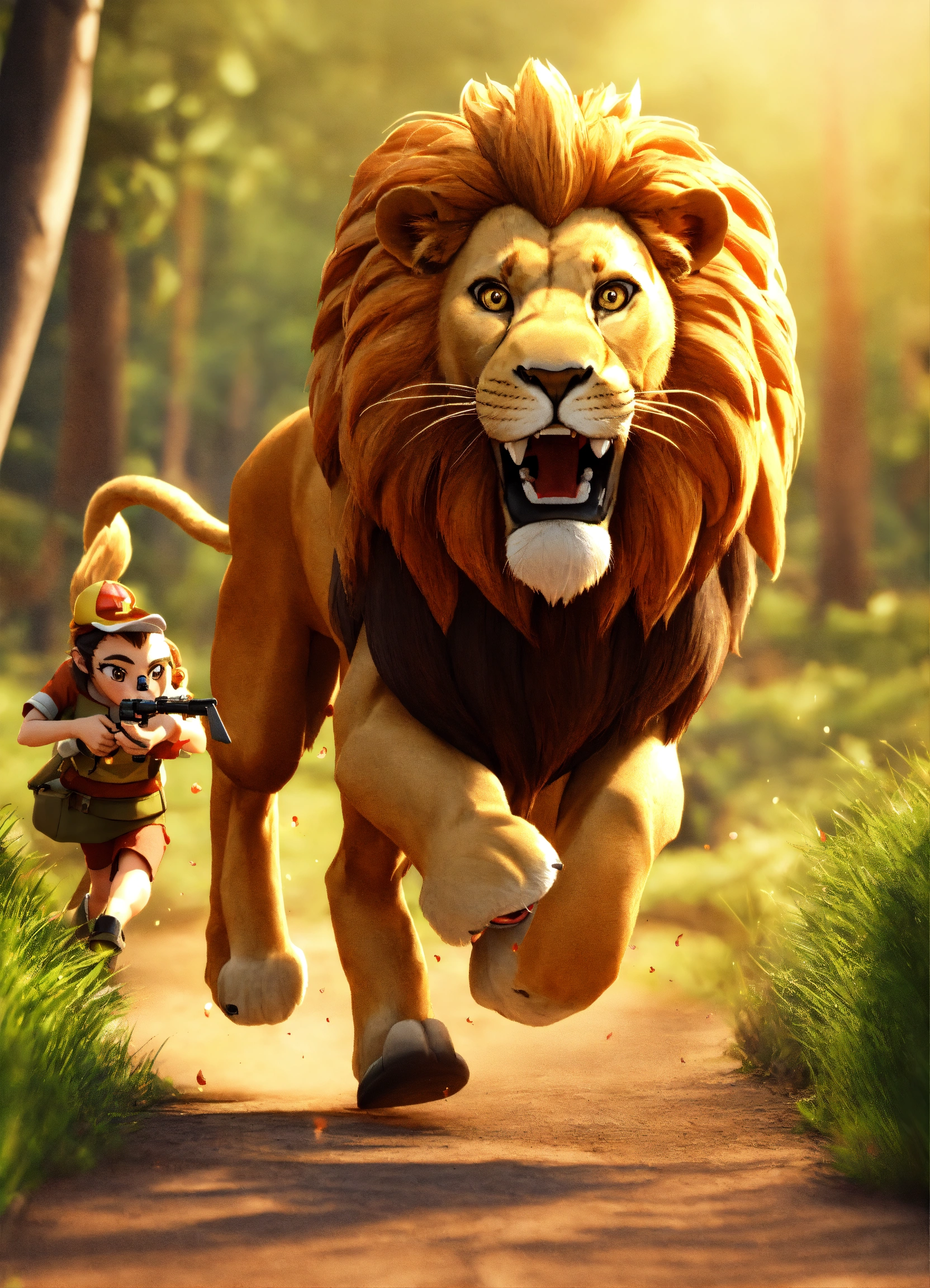 Lexica - 3d cartoon lion chasing men hunters